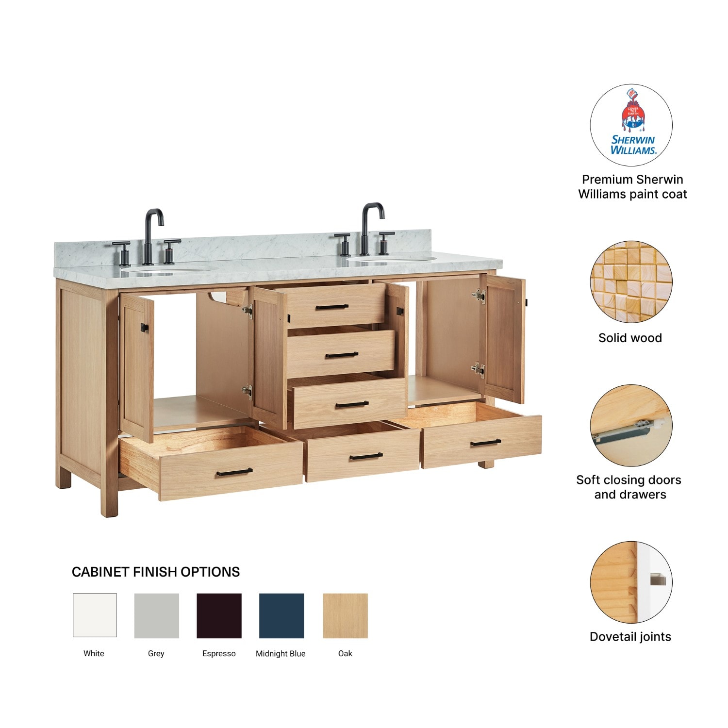 ARIEL Cambridge 73-in Oak Undermount Double Sink Bathroom Vanity with ...