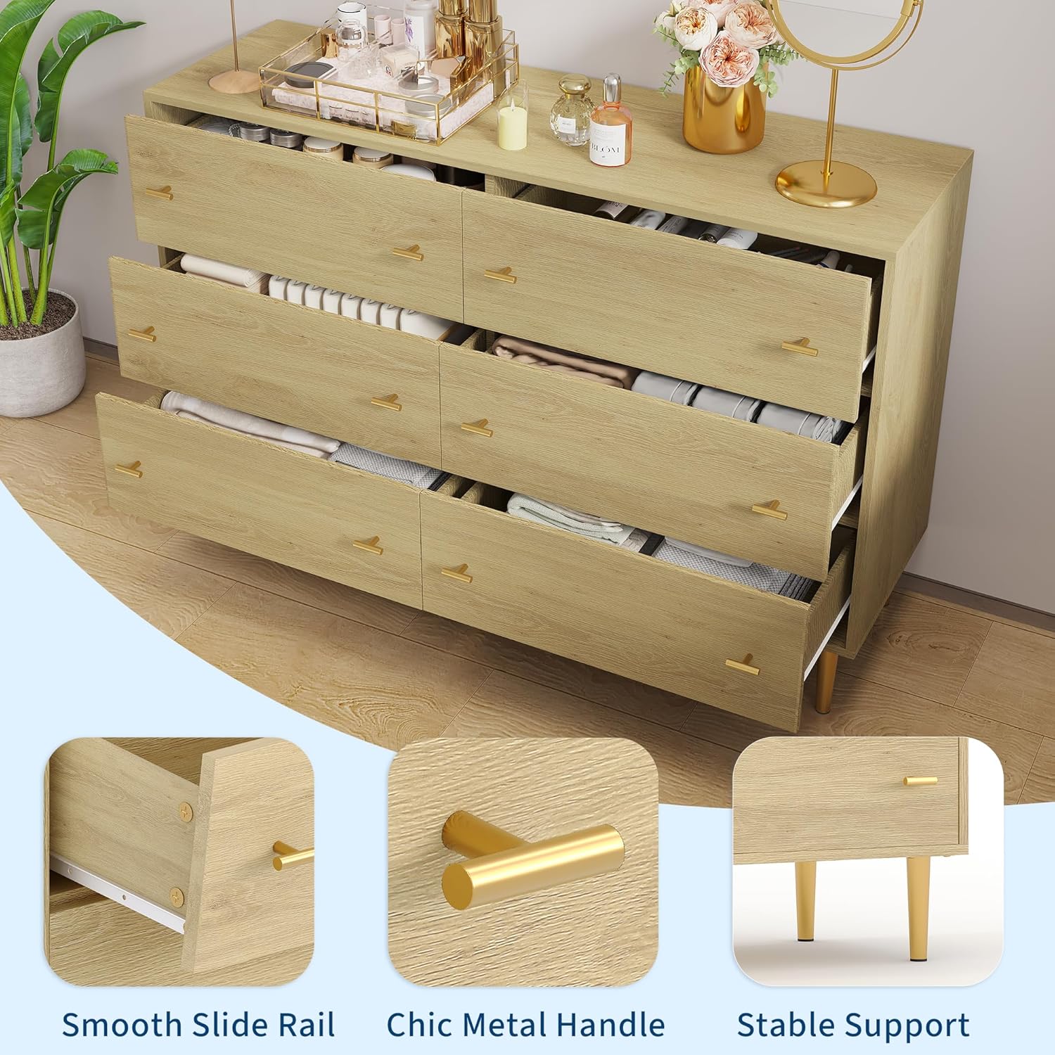 Garvee 6 Drawer Rustic Dresser 47.2 Inch Wide Vintage Design Bar ...