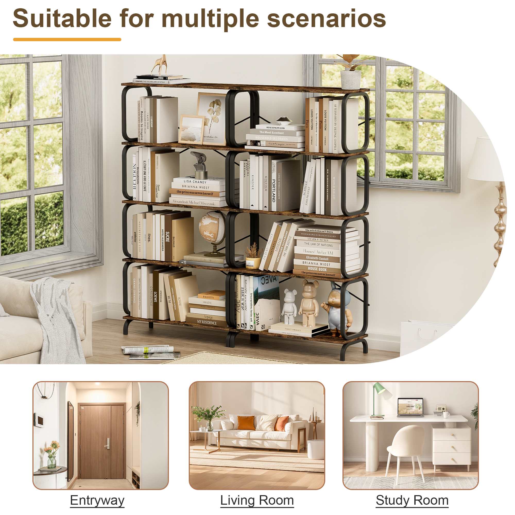 Vynxaria 20 in Wide Black 5 Shelf Industrial Metal Wood Open Bookcase ...