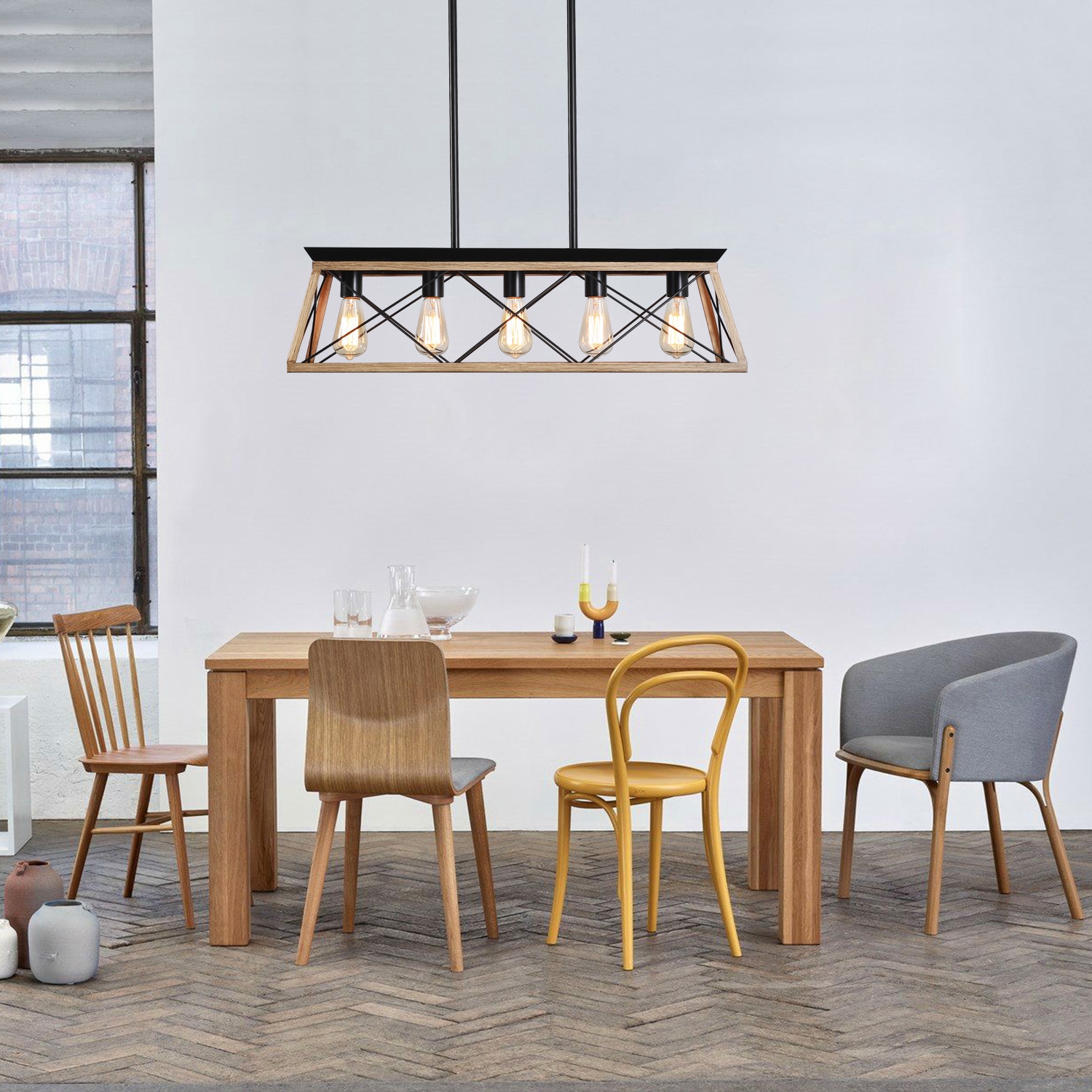 Poinic 5 -Light Black and OAK Farmhouse Linear Medium Hanging Pendant ...
