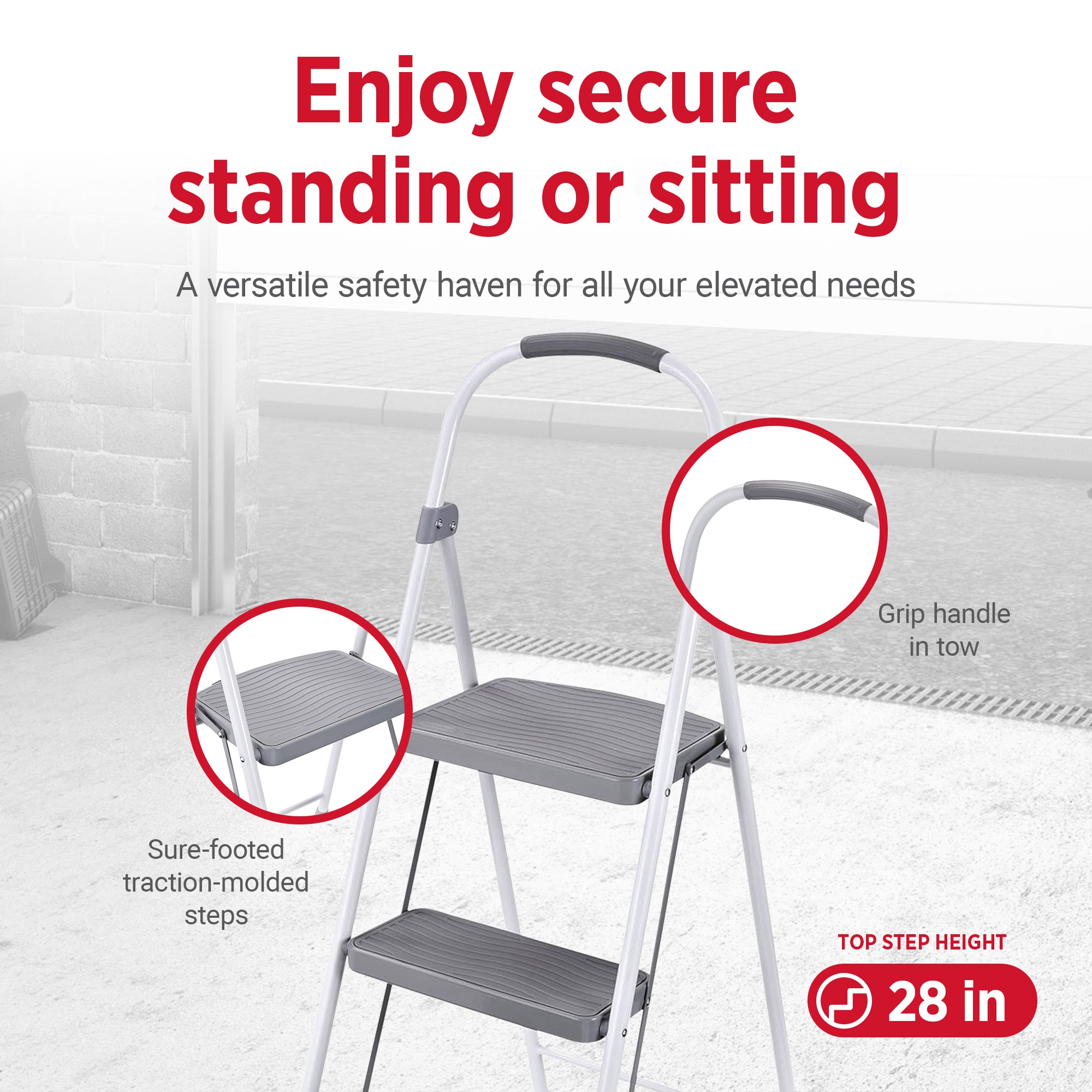 Rubbermaid 3 Step Folding Ladder Steel Foldable Step Stool w/ Hand Grip ...
