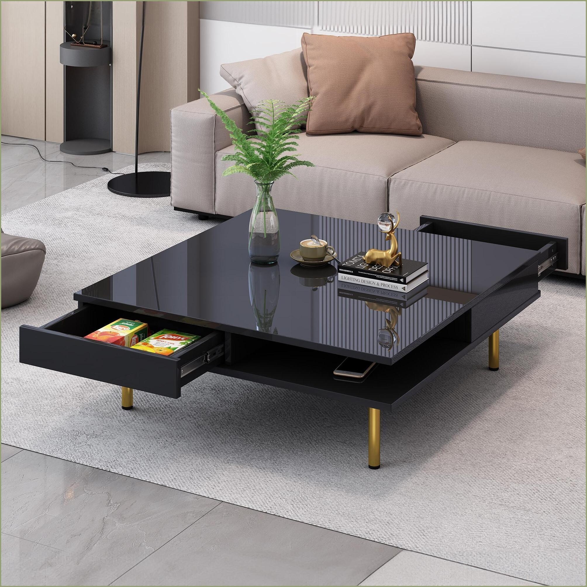Watnature Black Modern 2 Drawer Coffee Table with Golden Legs for ...