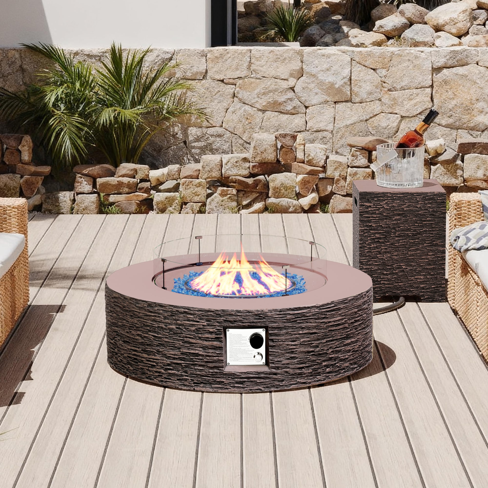 Concrete Propane Fire Pit Table with Tank Cover and Wind Guard Round ...