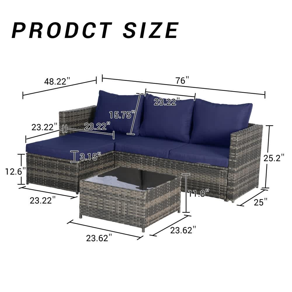 Coolbibila 3-Piece Gray Wicker Outdoor Sectional Sofa Set 4-Seater L ...