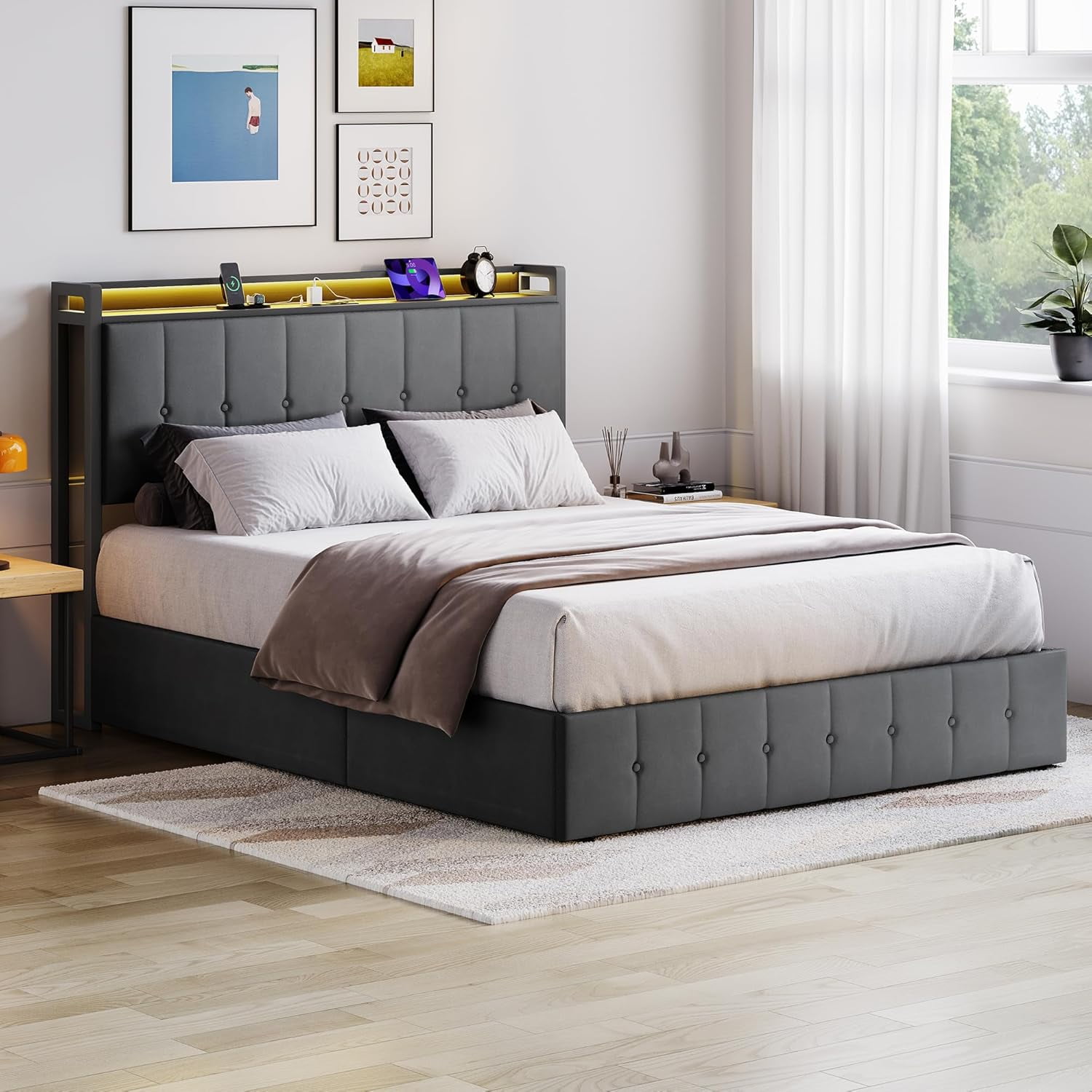 GAOMON Queen Bed Frame Lift-Up Storage LED Lights Upholstered Velvet ...