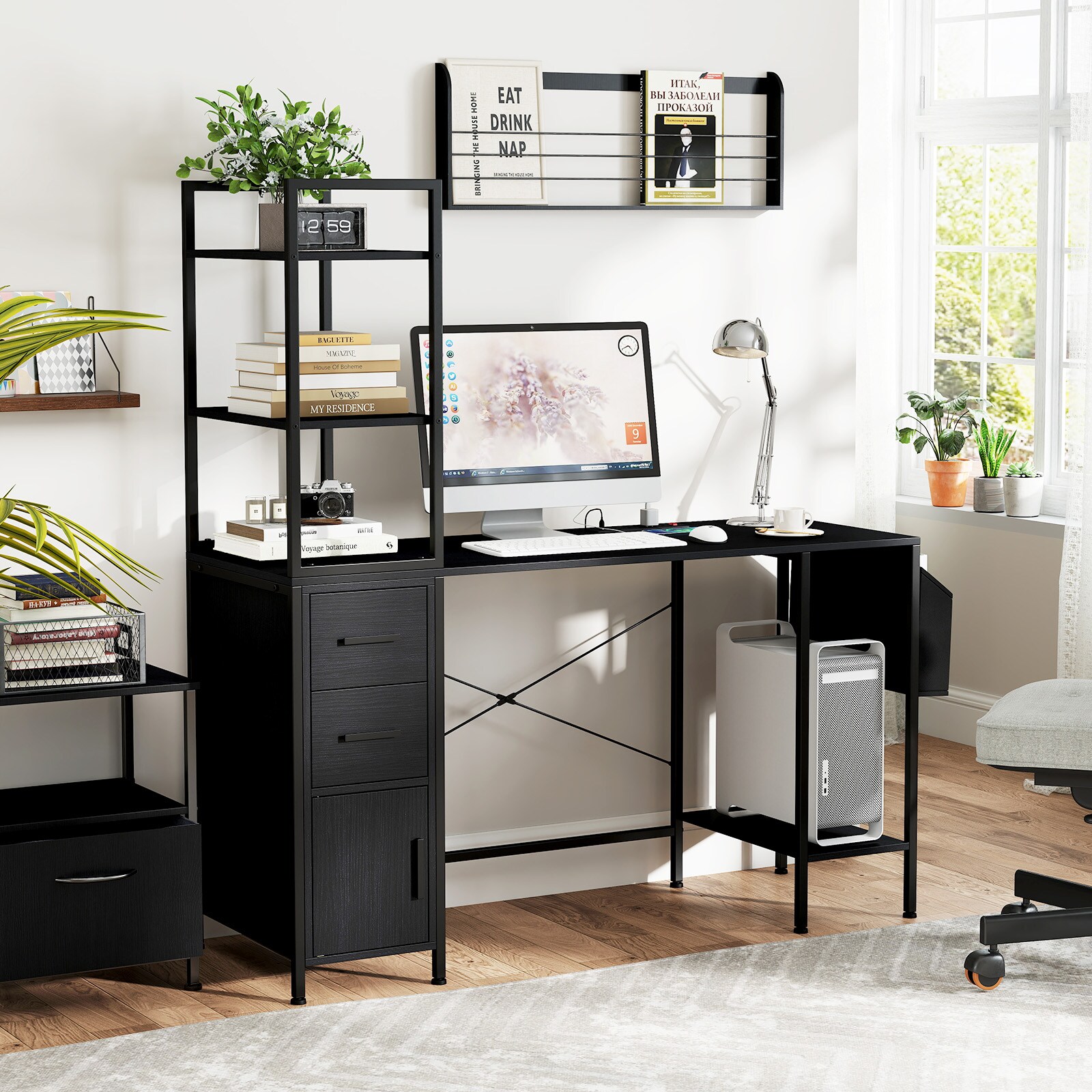 Slickblue Modern Black Computer Desk with LED Lighting Charging Station ...
