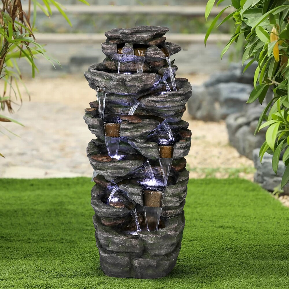 SunJet 47in High 6 Tiers Cascading Rock Outdoor Water Fountain with LED ...