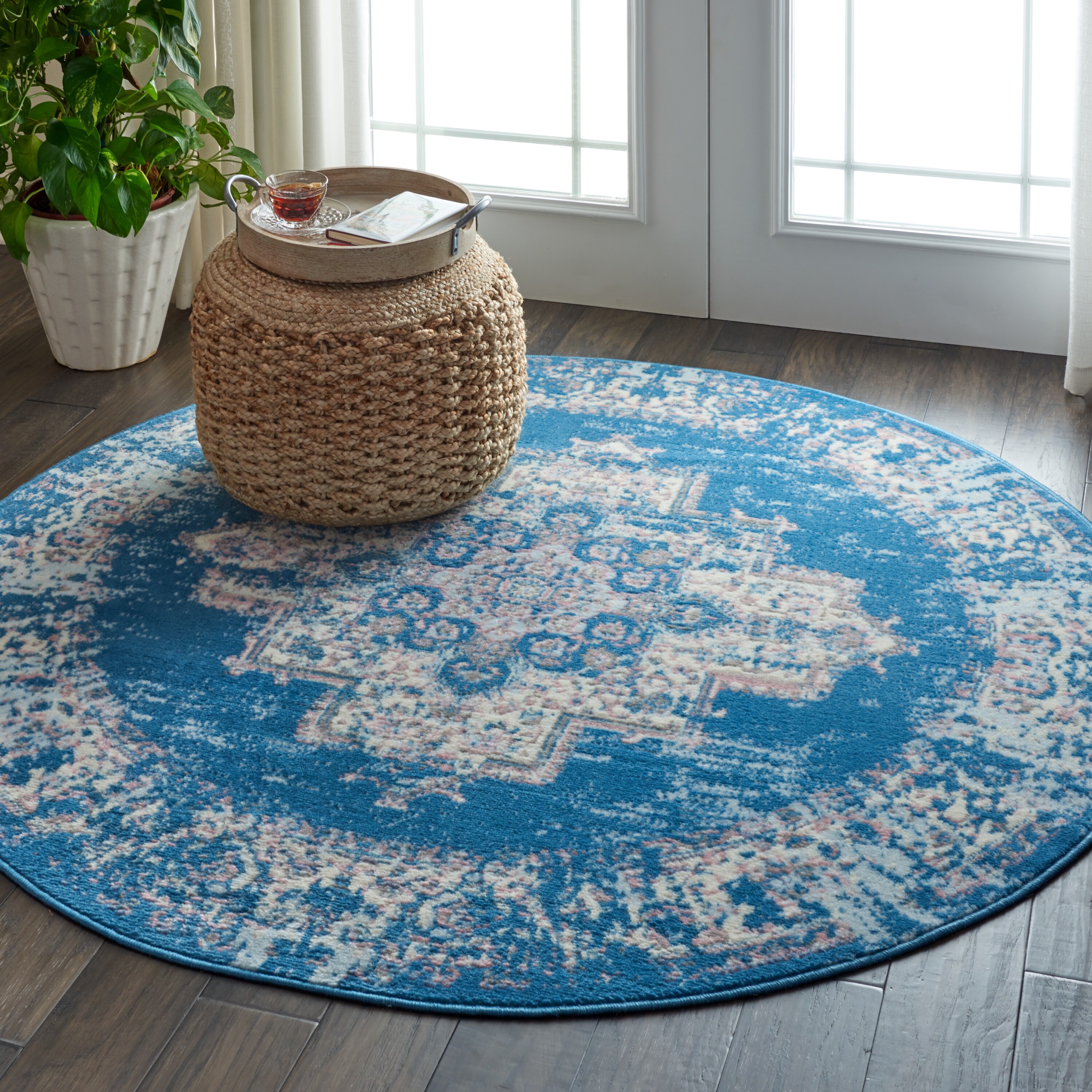 Nourison Grafix 5 X 5 (ft) Blue Round Indoor Medallion French Country ...