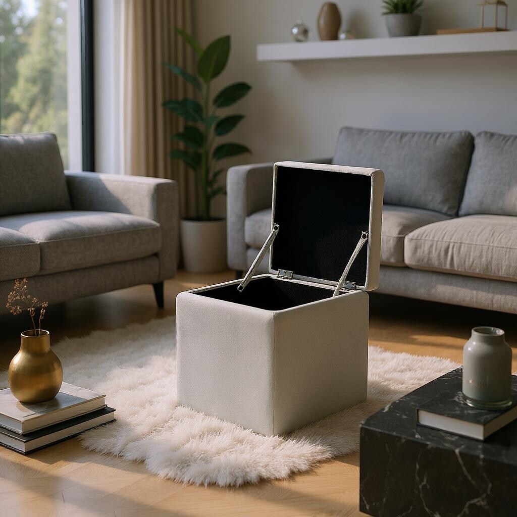 Zyerch Linen Textured Storage Ottoman Cube Hidden Storage Compact ...