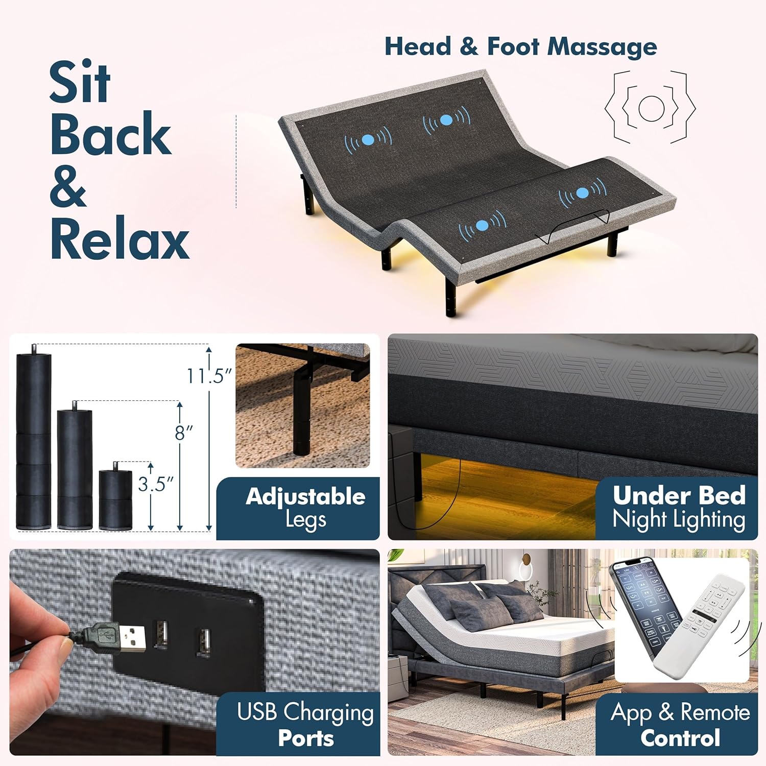 Renanim SFE King Adjustable Bed Frame with Massage Wireless Remote - USB Ports - UnderBed Light ...