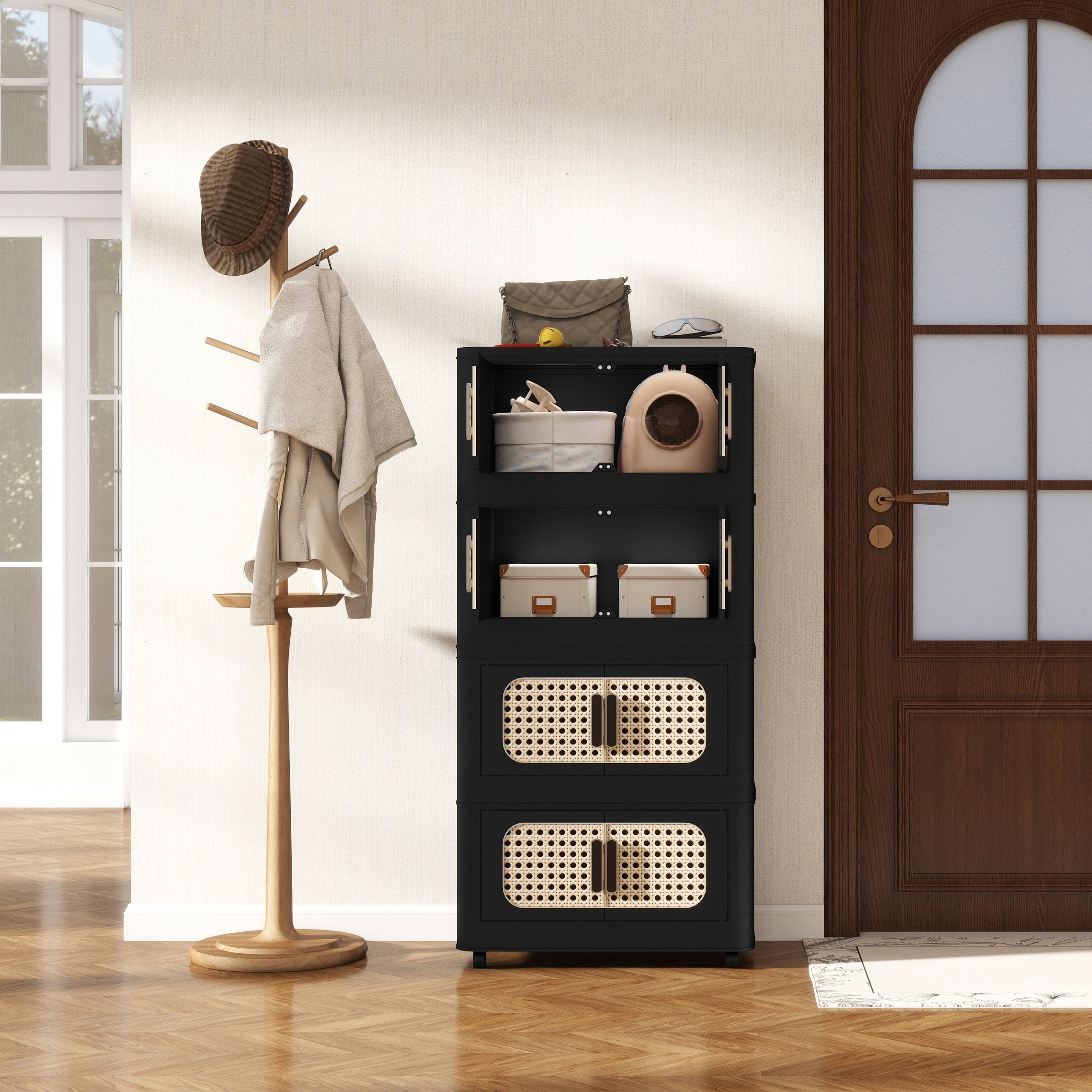 Tinyhomie Retro Black 20 inch Side Wide Folding Storage Cabinet 4 Tiers ...