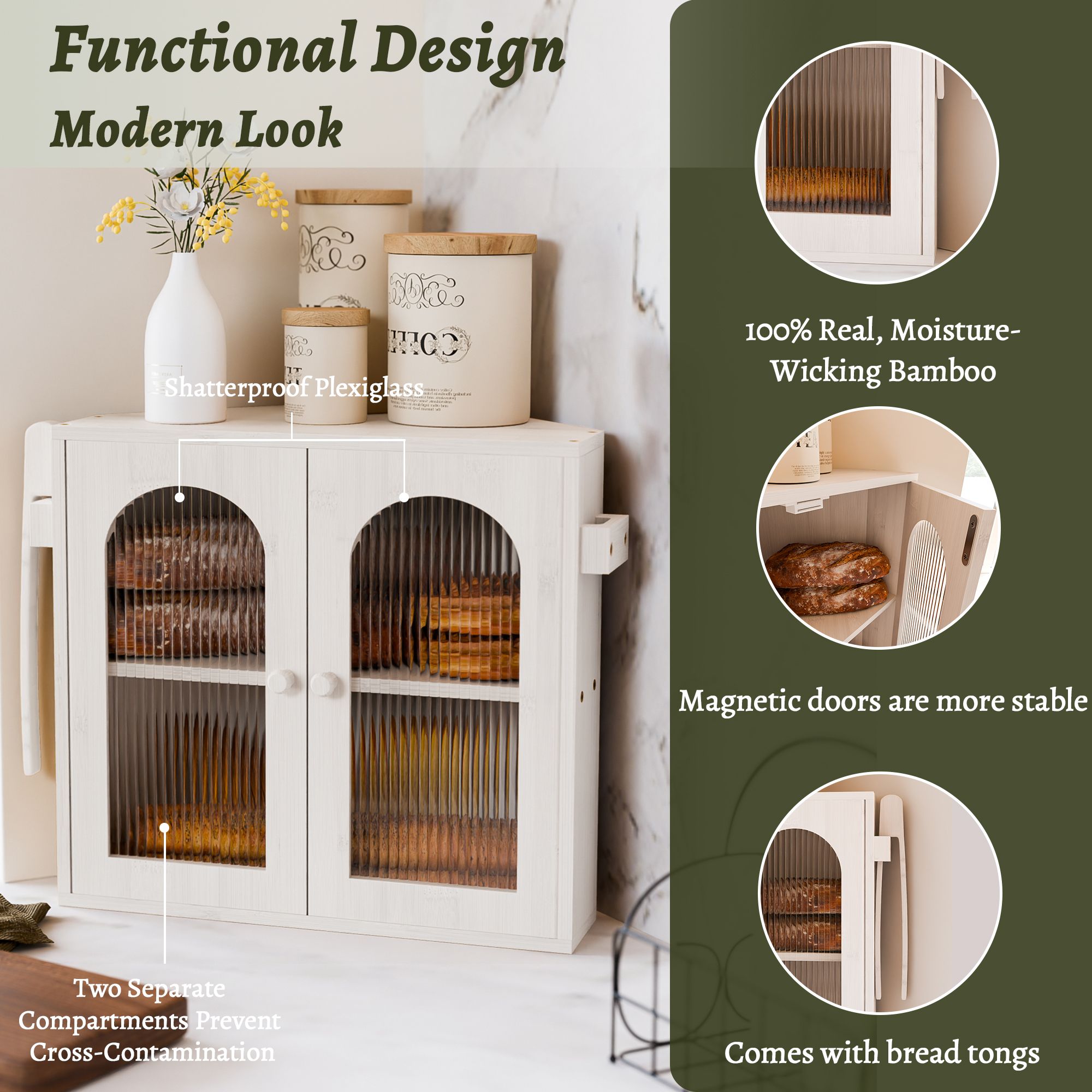 HAUSOURCE Small Vertical Striped Arch Door Bread Box White Compact ...