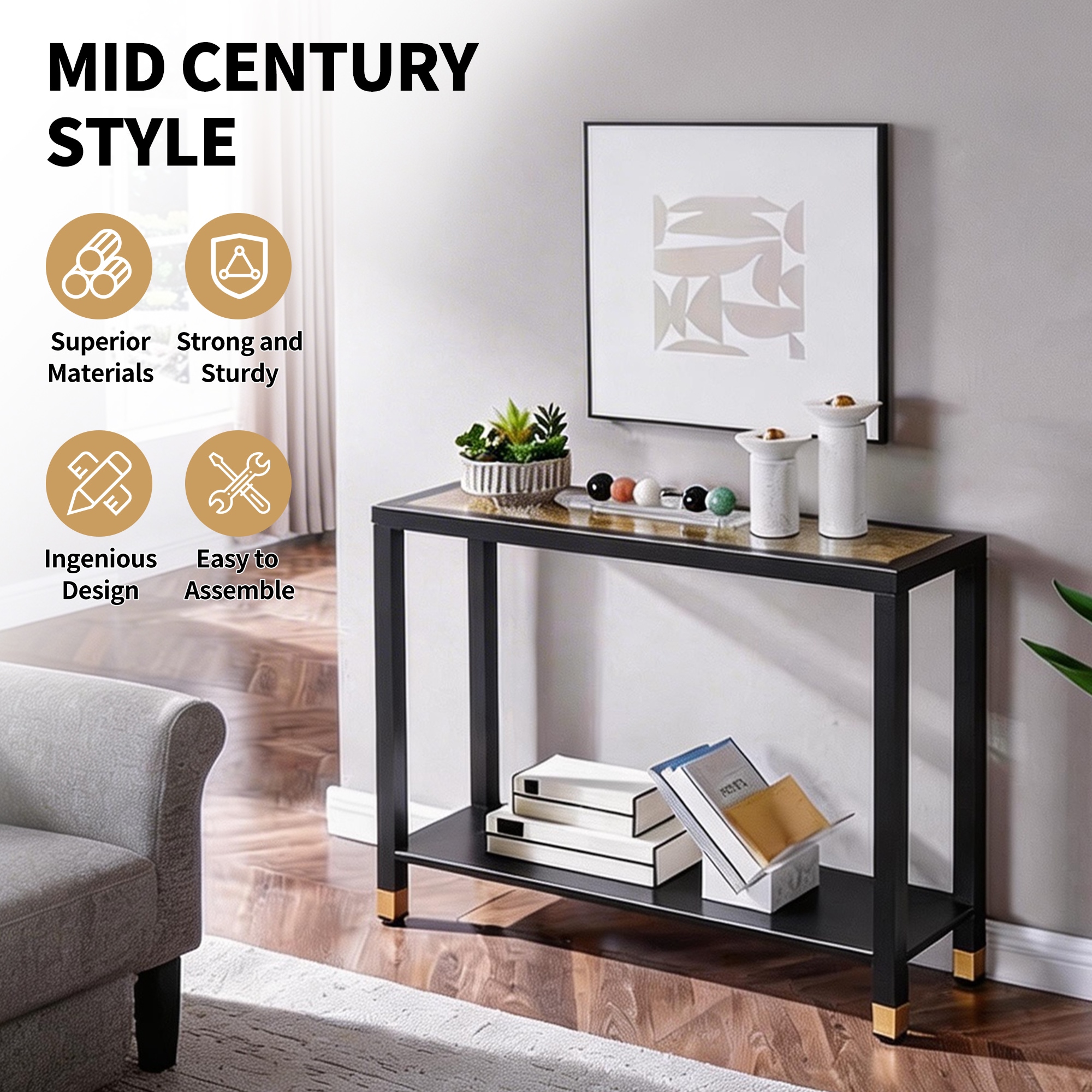 LOVMOR 40.94 Inch Modern Metal Rectangular Black Console Table for ...