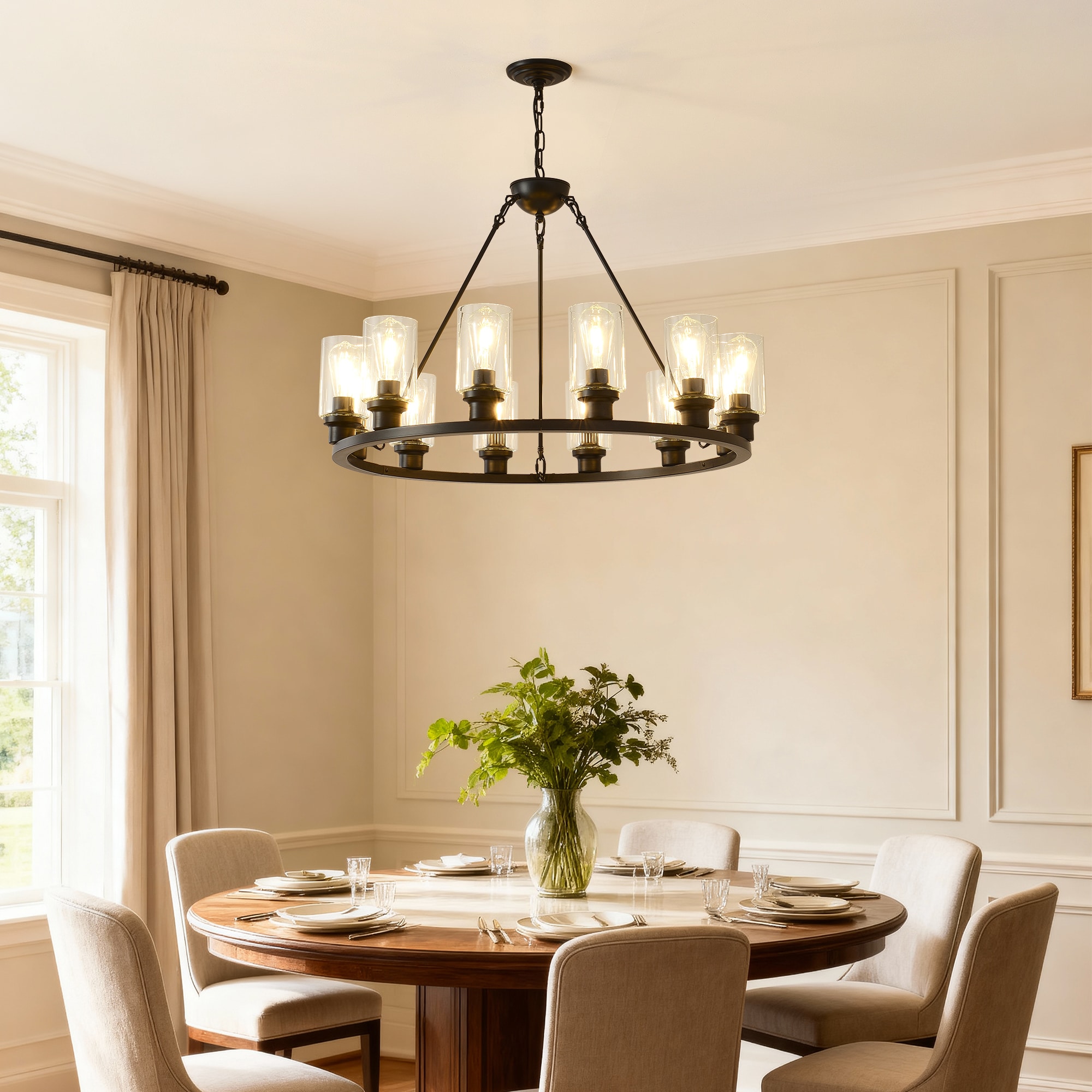 Huluwat Black Wagon Wheel Chandelier Modern Farmhouse Glass Pendant ...