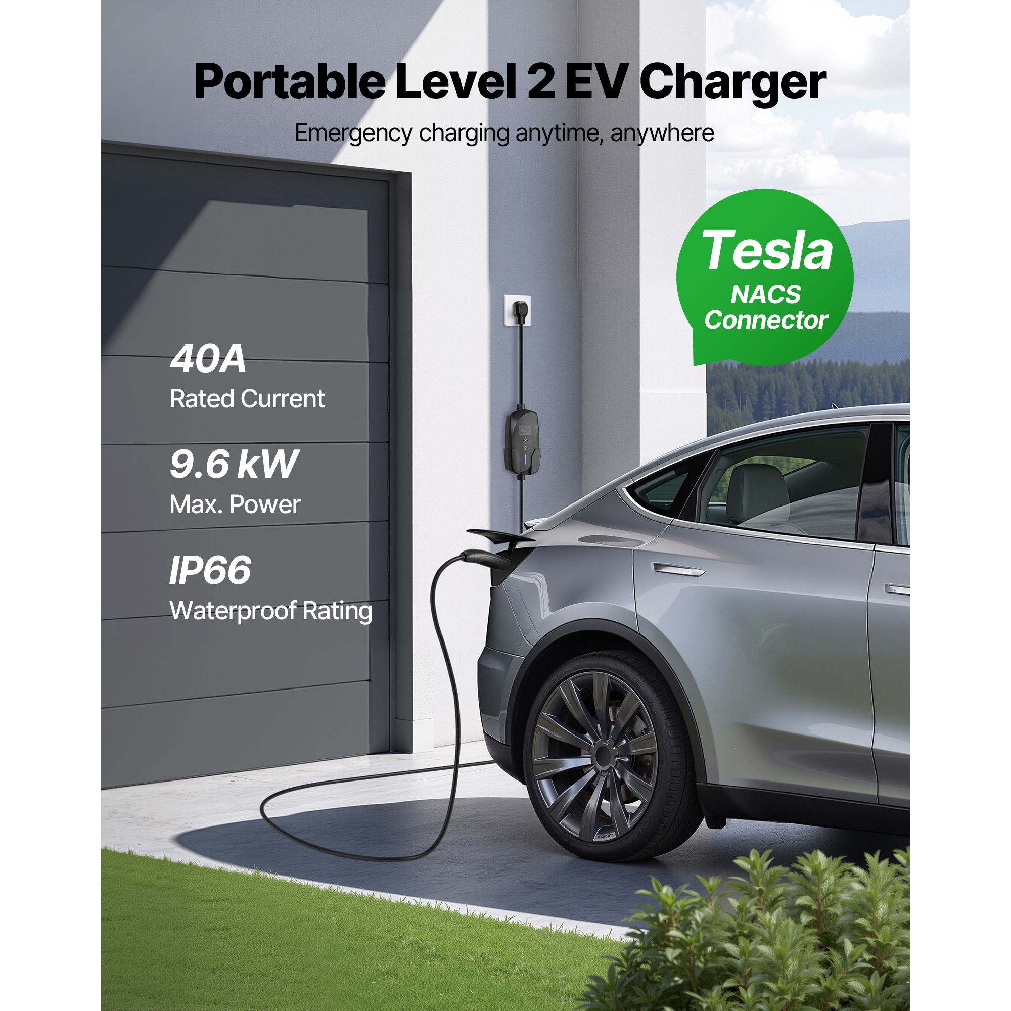 VEVOR Level 2 Tesla Charger 40 Amp Adjustable Current 240V Portable ...