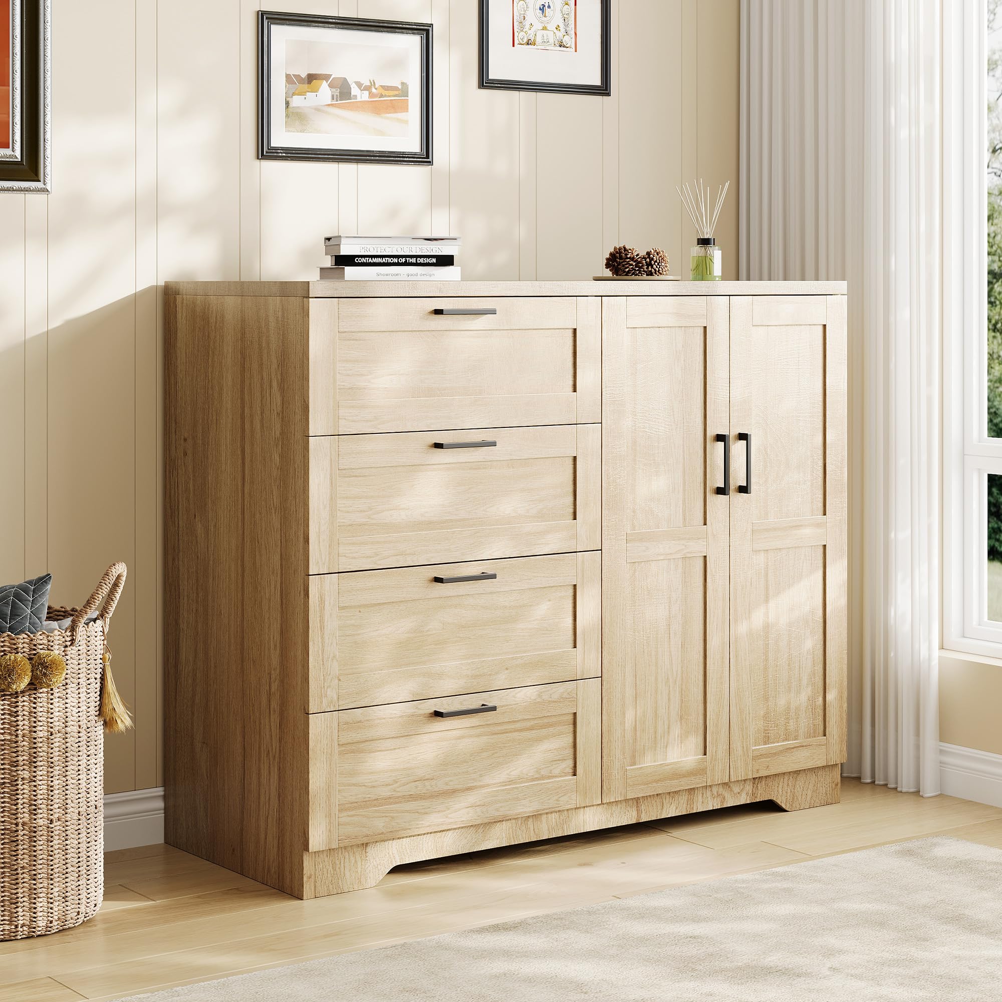Assile Natural Wood 2 Door 4 Drawer Low Wardrobe Chest with Adjustable ...