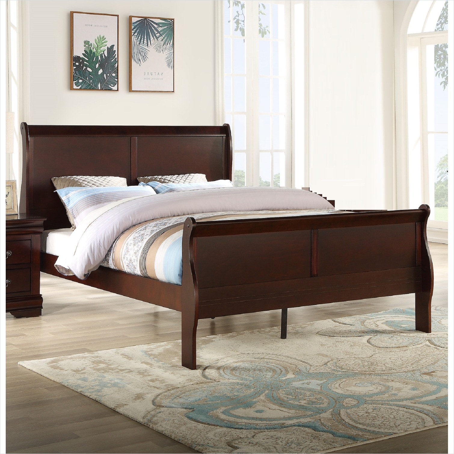 SunJet Full Panel Sleigh Bed Solid Wood Cherry Finish Bedroom Low ...