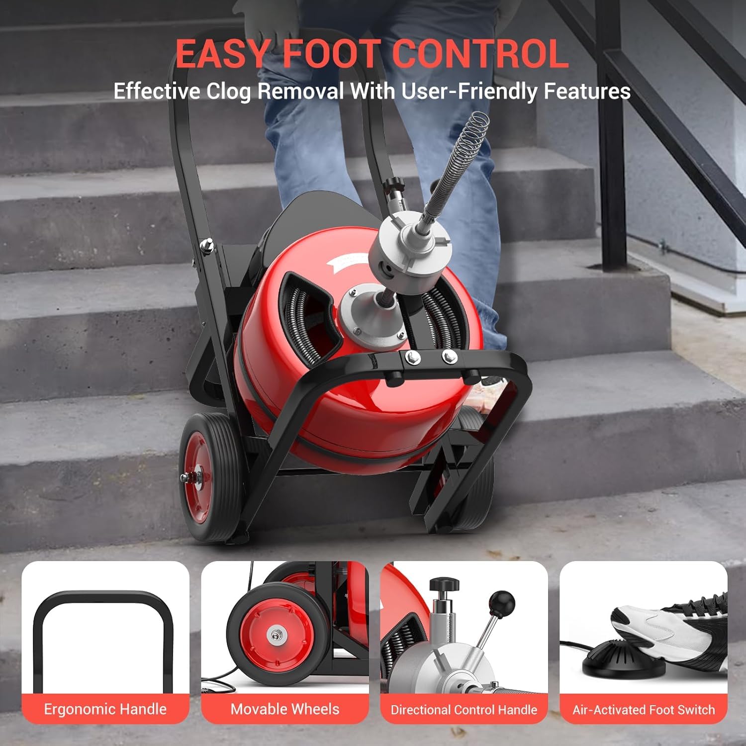 IdealHouse 100Ft 3/4 Inch Drain Cleaning Machine Sewer Snake 750w Auto ...