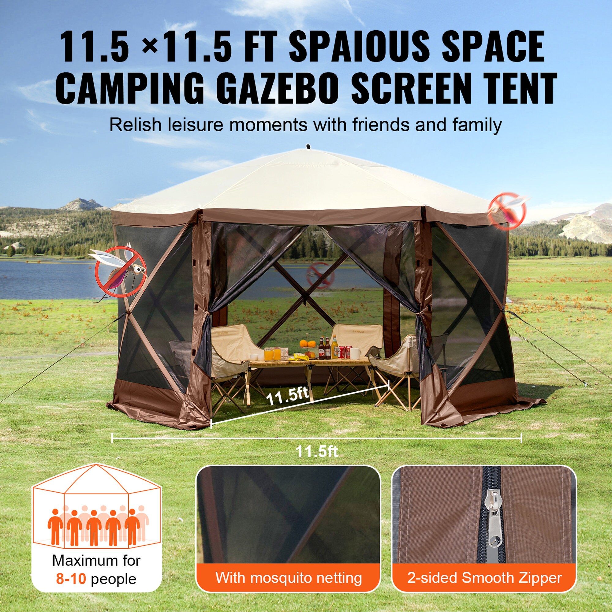 Afoxsos 11.5 x 11.5 FT Pop Up Gazebo Screen Tent 6 Sided Canopy Sun ...