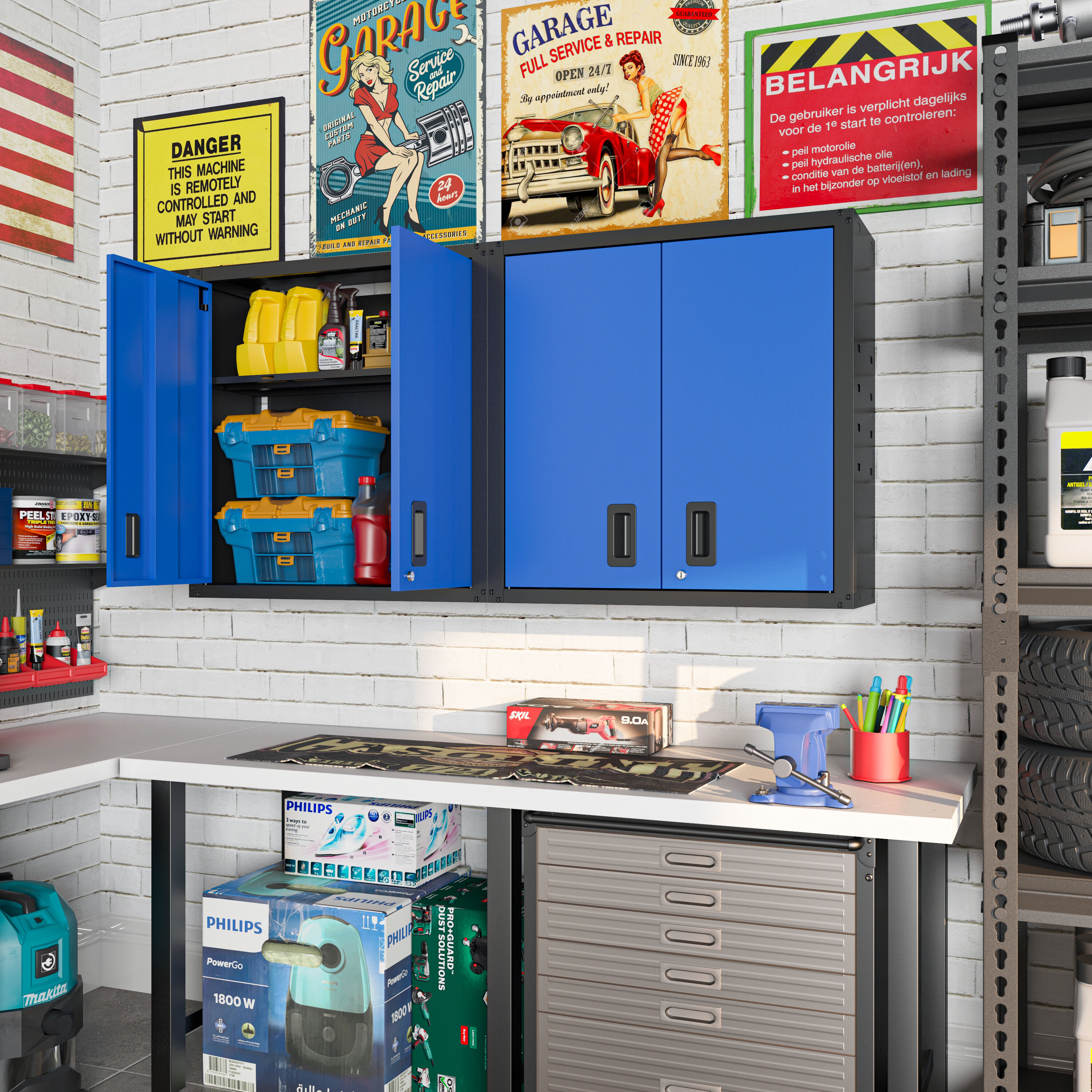 LOVMOR Wall-Mounted Garage Storage Cabinet with Lockable Doors and ...