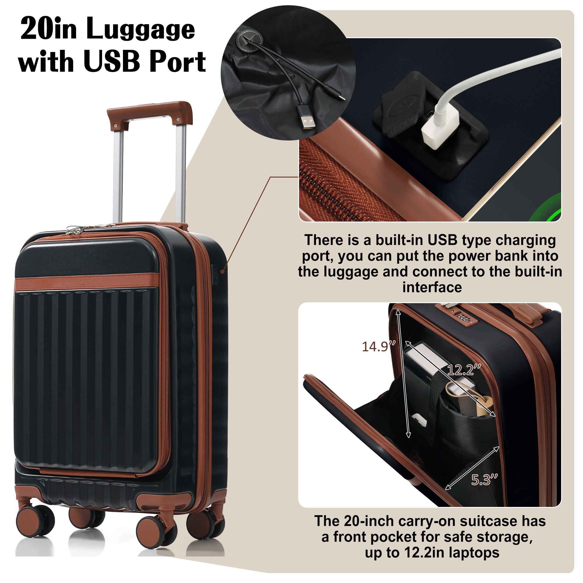 LOVMOR Luggage Set of 3 20inch with USB Port front opening design ...