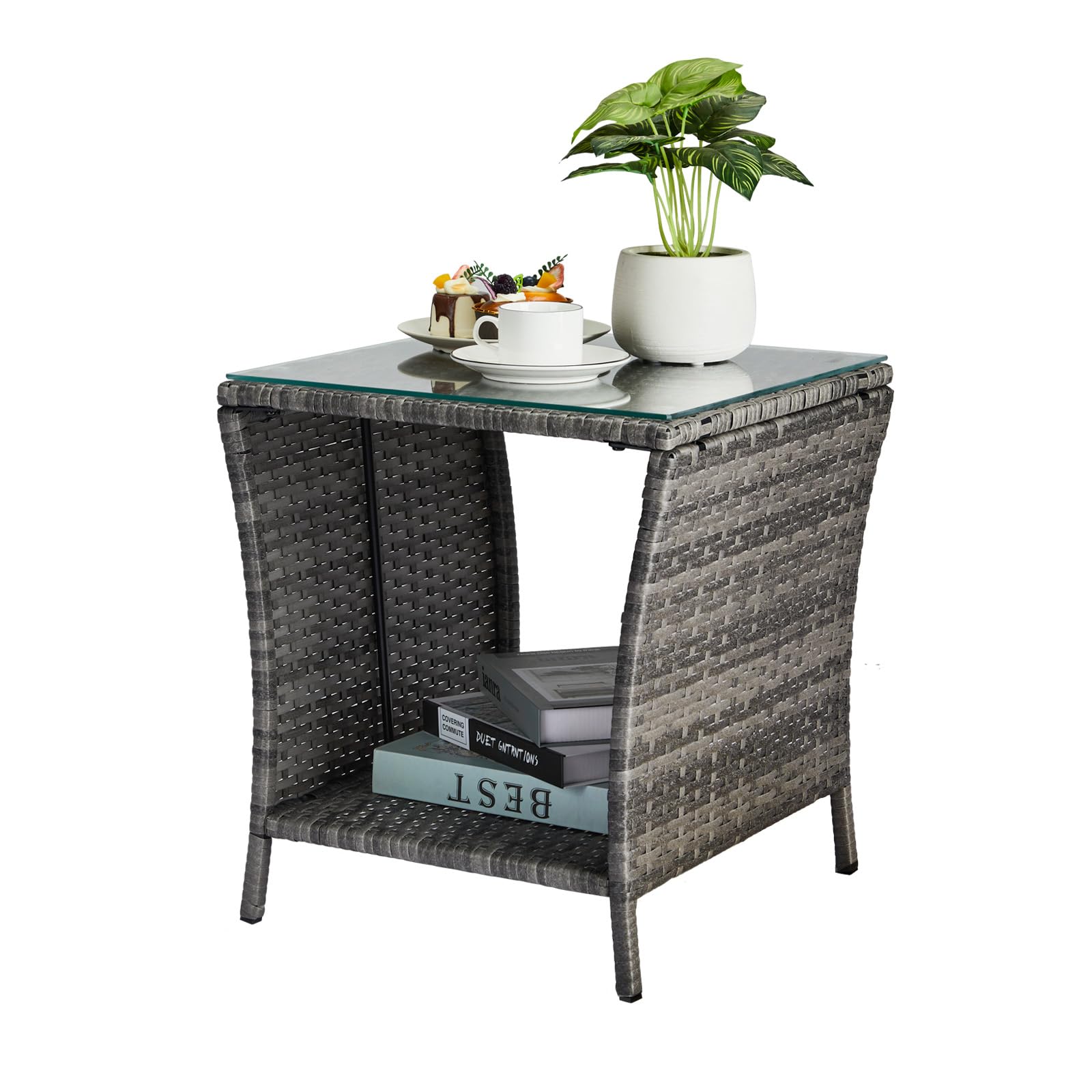 VINGLI 20W x 18H Outdoor Wicker Side Table with Tempered Glass Top and ...