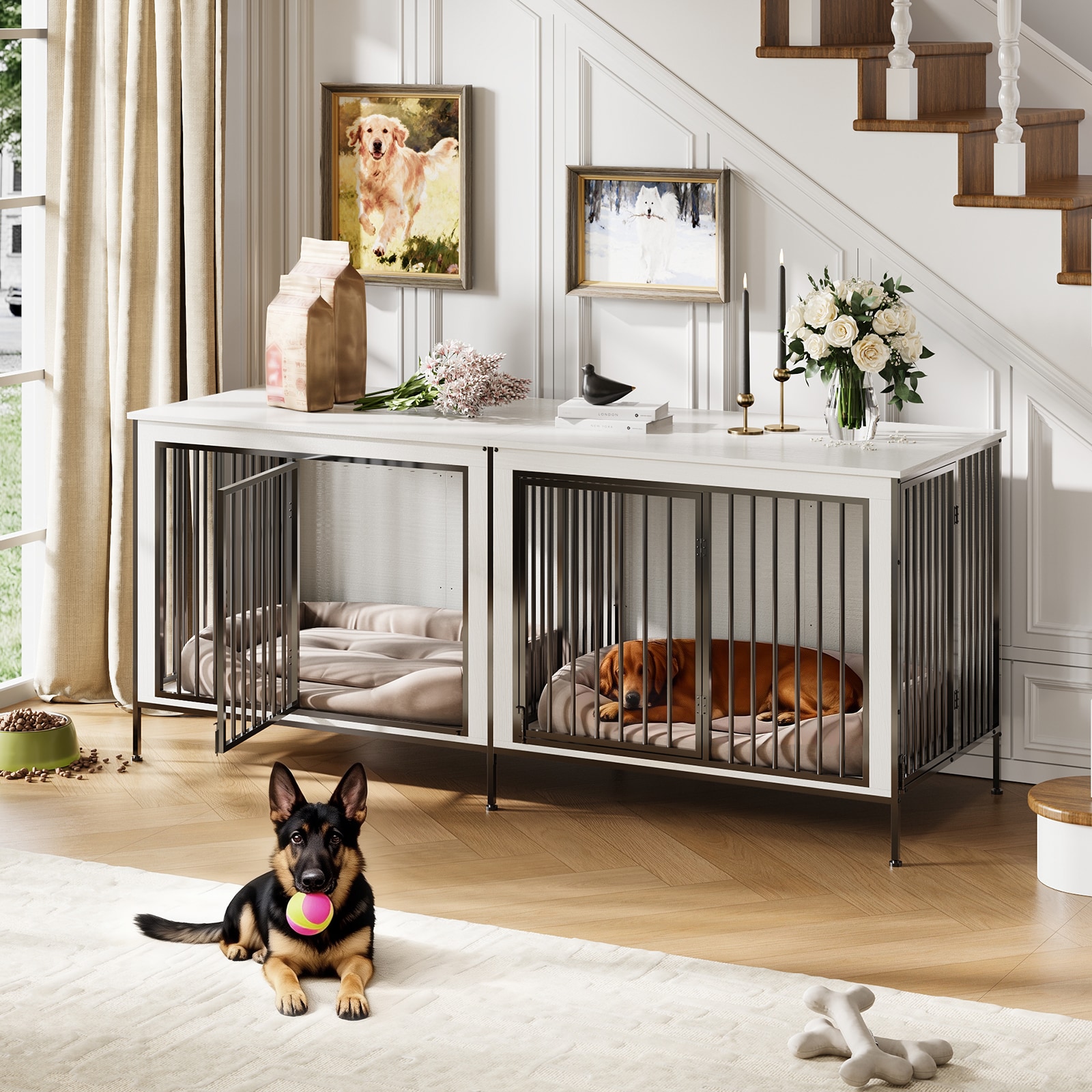 Garvee 79 Inch Double Dog Crate Furniture XL Dog Kennel Indoor Heavy ...