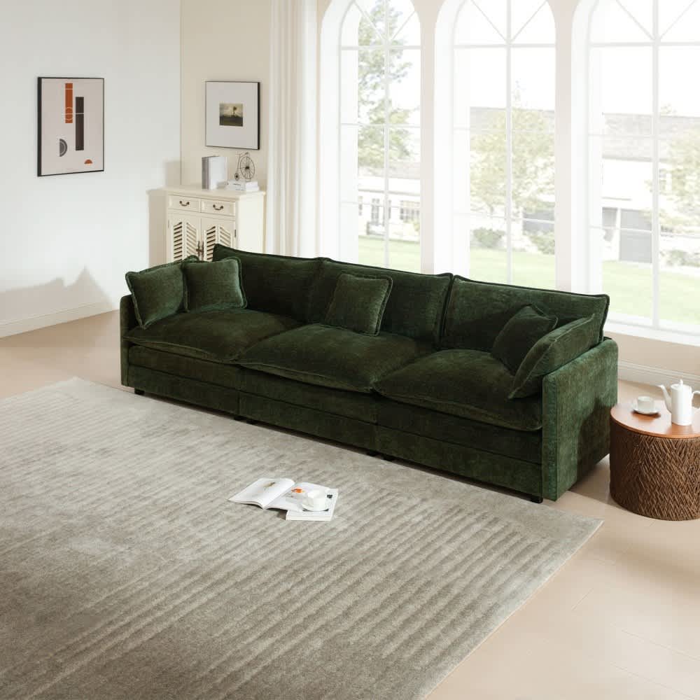 Coolbibila 3 Seat Mid Century Modern Green Chenille Sofa Solid Wood ...