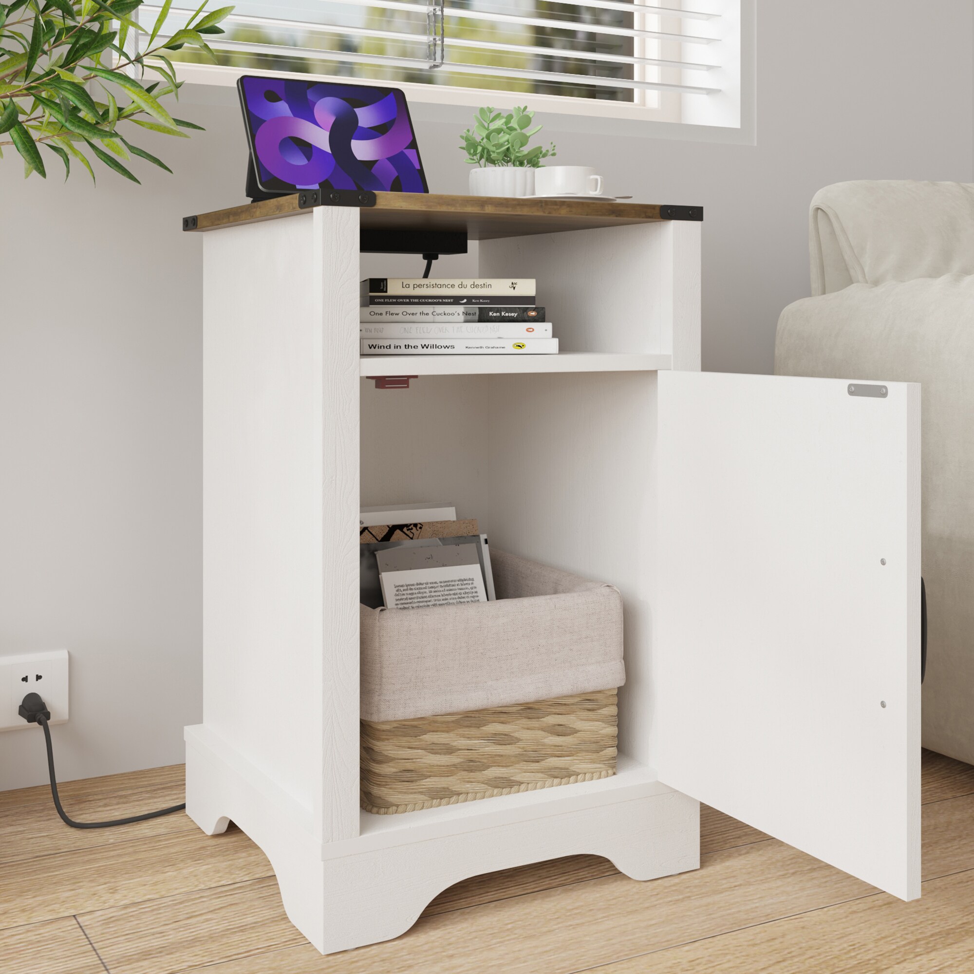 Huluwat White and Oak Farmhouse Rustic Nightstand Charging Station Tall ...