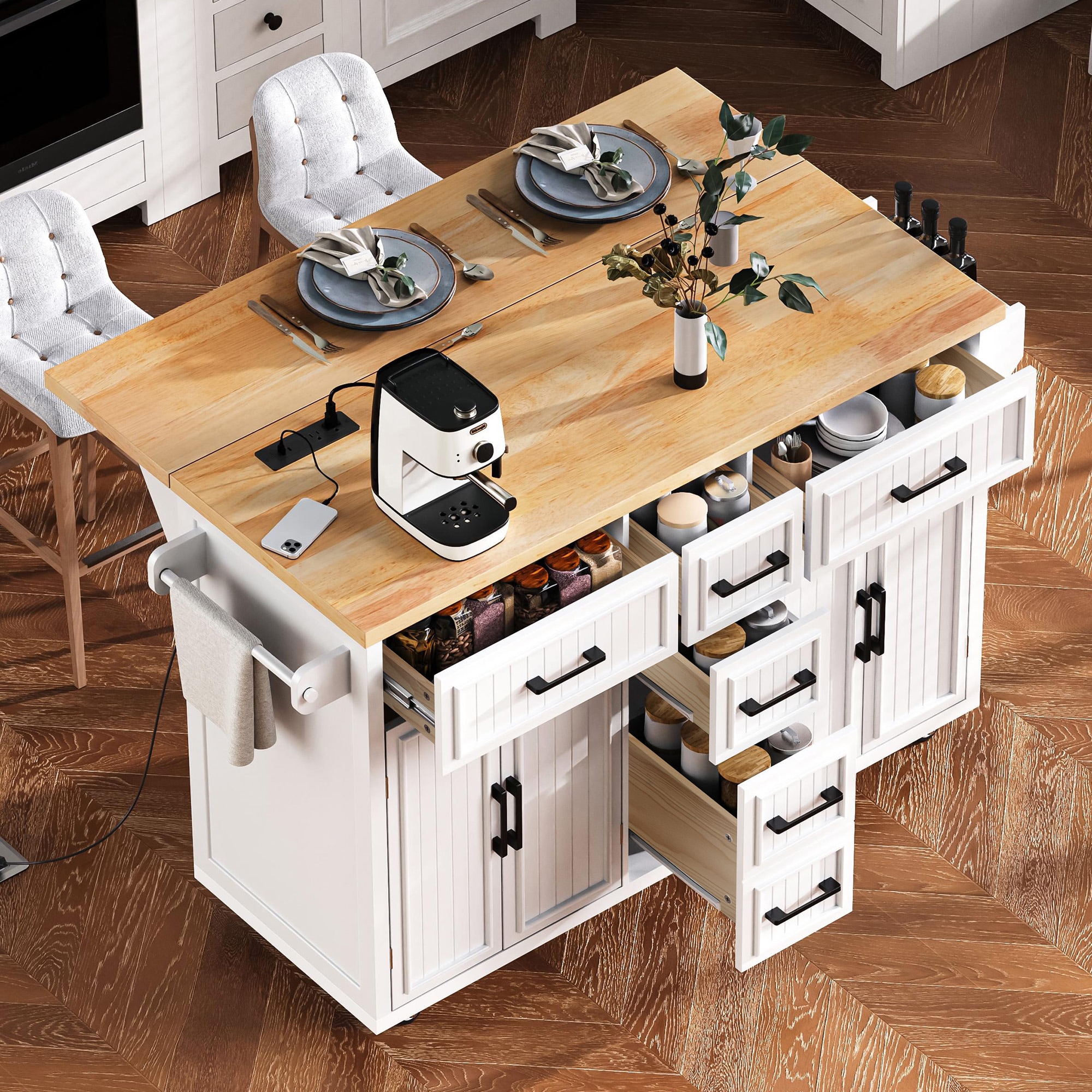 LUXEYARD 56 5 Kitchen Island with Drop Leaf Power Outlet Embossed ...