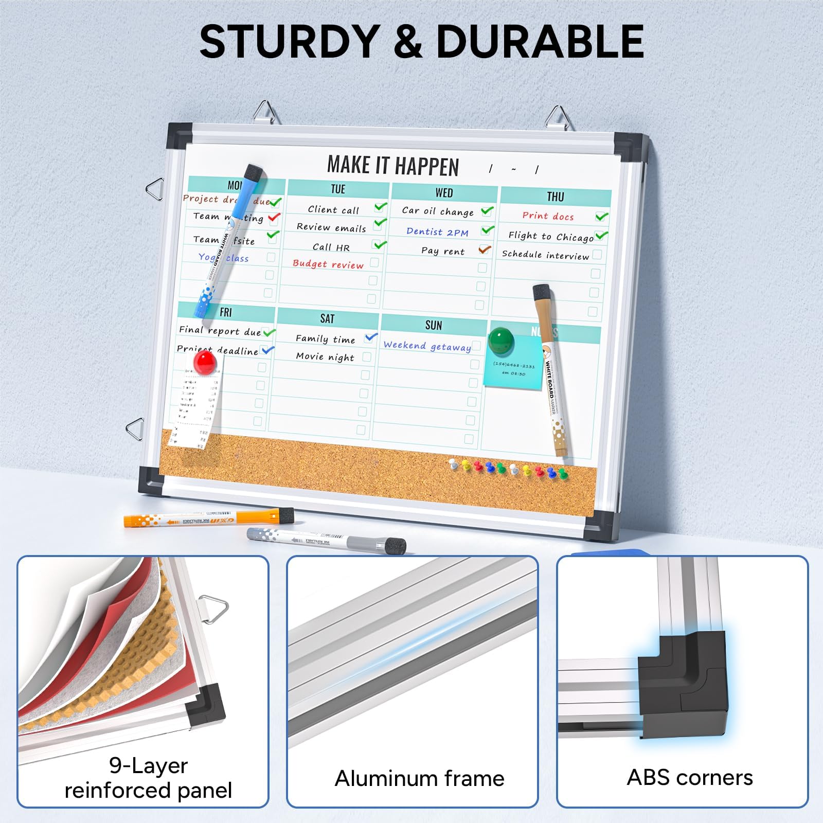 Aoibox 17x13 Inch Weekly Planner Reversible Whiteboard and Cork Board ...