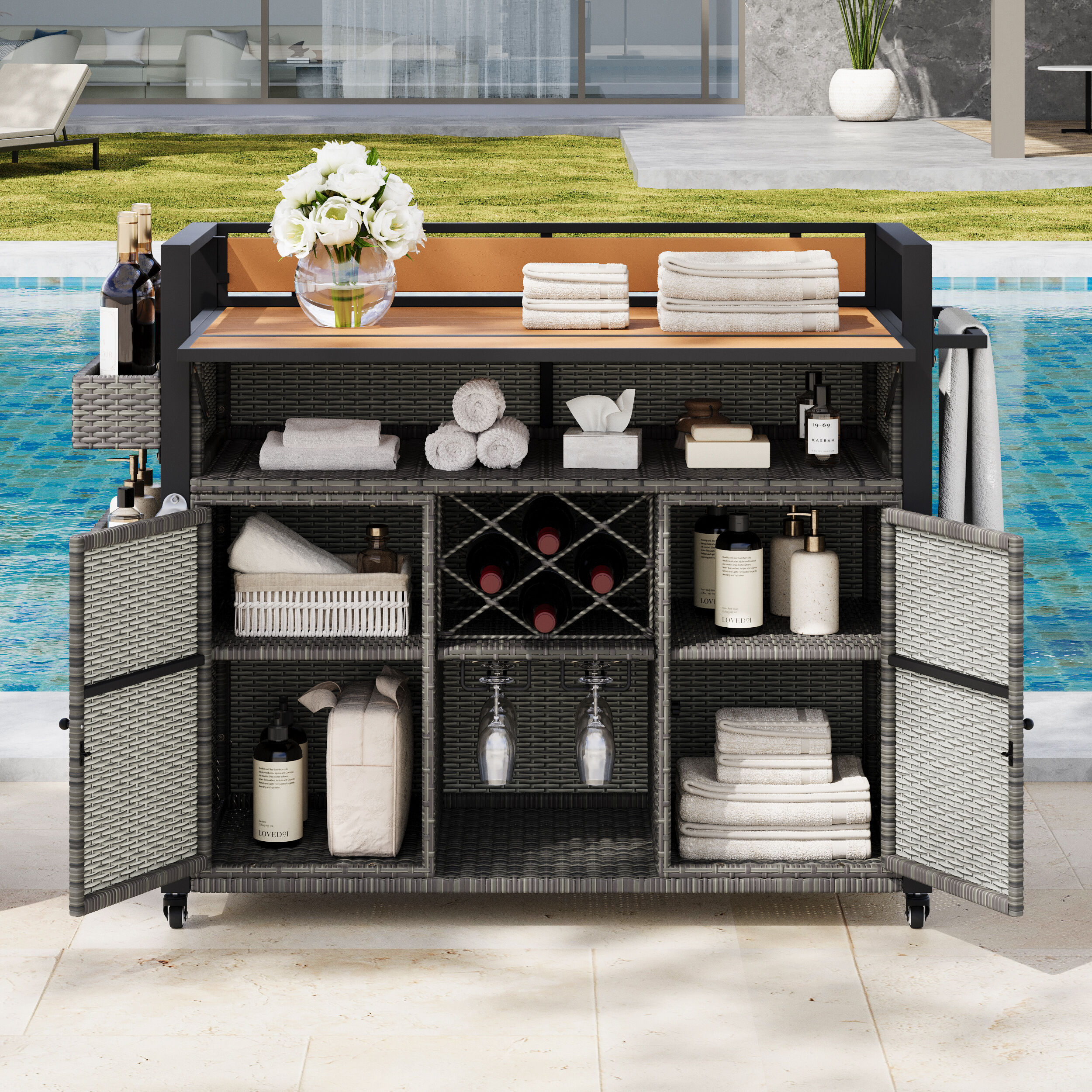 ModernLuxe 52.8inchW Wicker Outdoor Grill Cart with Extended Plastic ...