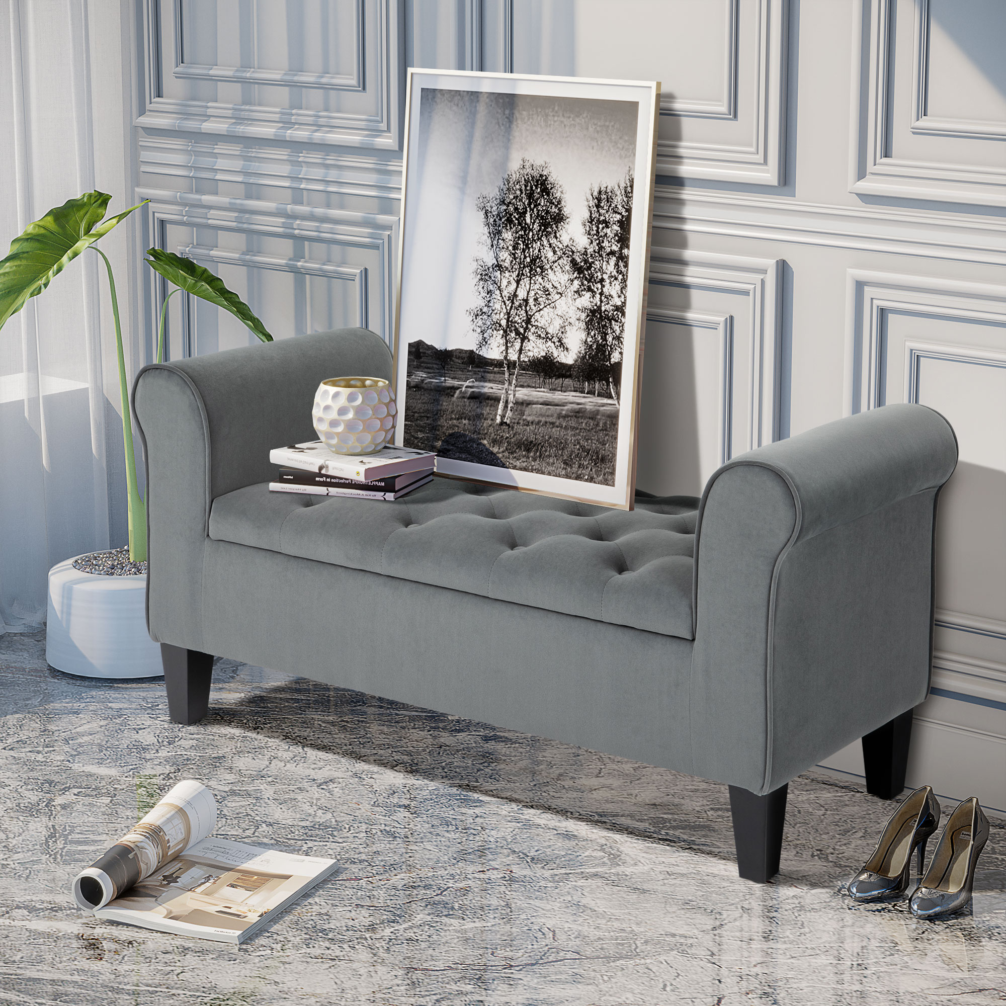 HomCom Button-Tufted Storage Ottoman Bench Upholstered Bench with ...