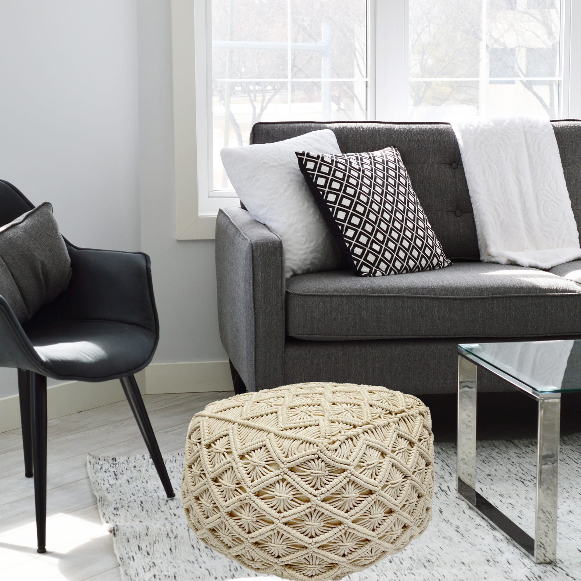 Northlight 18 inch Beige Handmade Macrame Natural Cotton Square Pouf ...