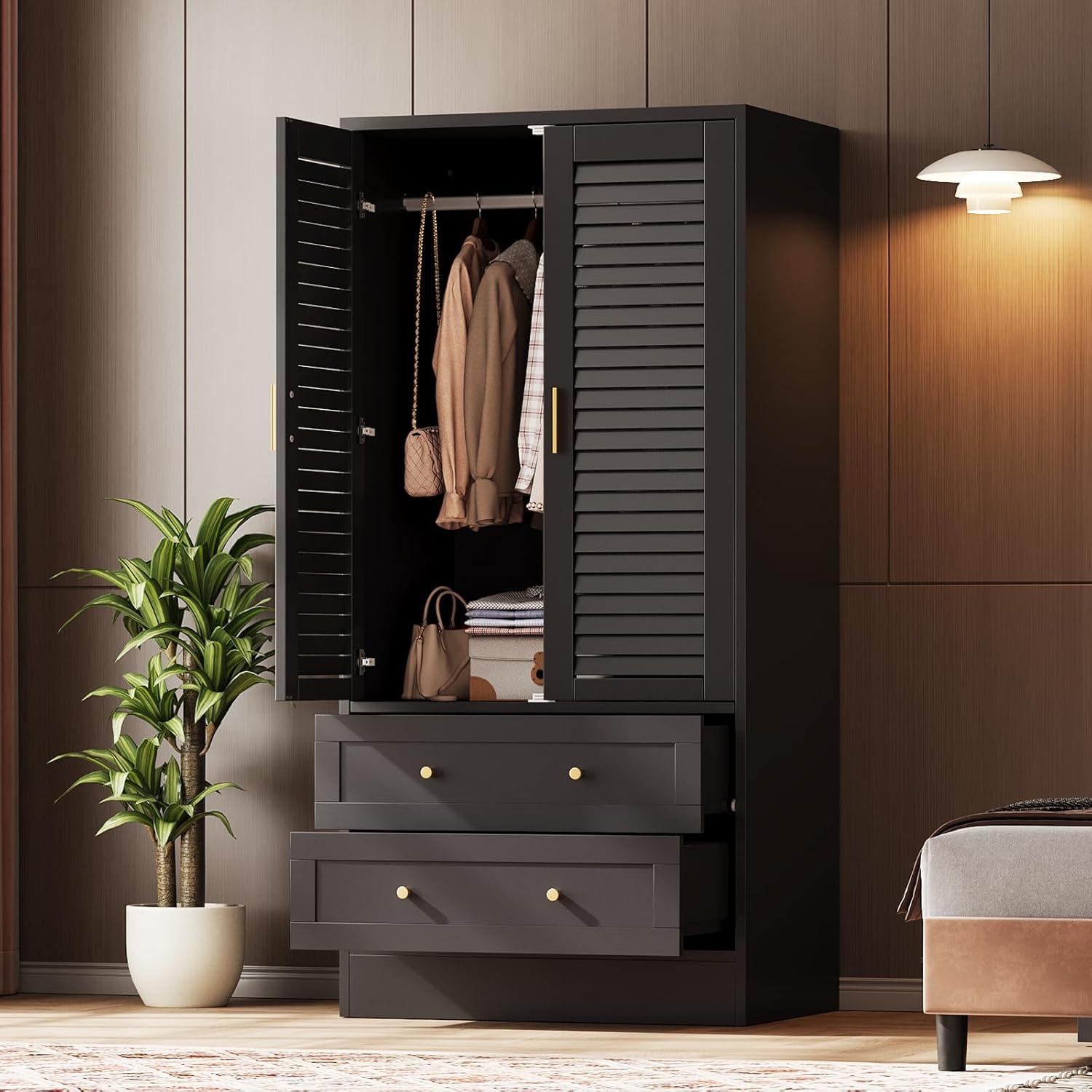 Der Rose Wardrobe Armoire Closet with 2 Drawers 2 Shutter Door Armoire ...