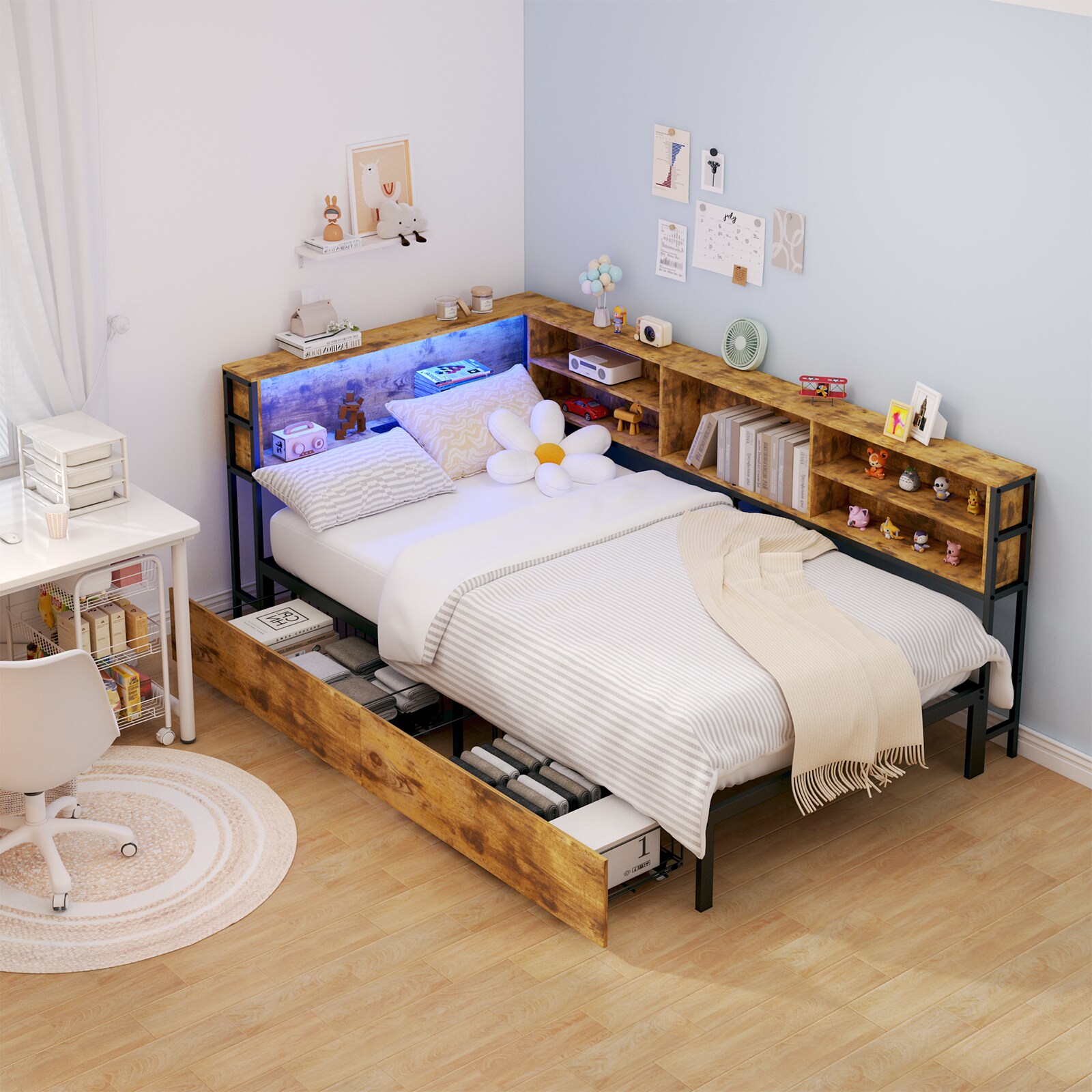 Bellemave Brown Corner Bed Frame Twin with Storage Drawers and Bookcase ...