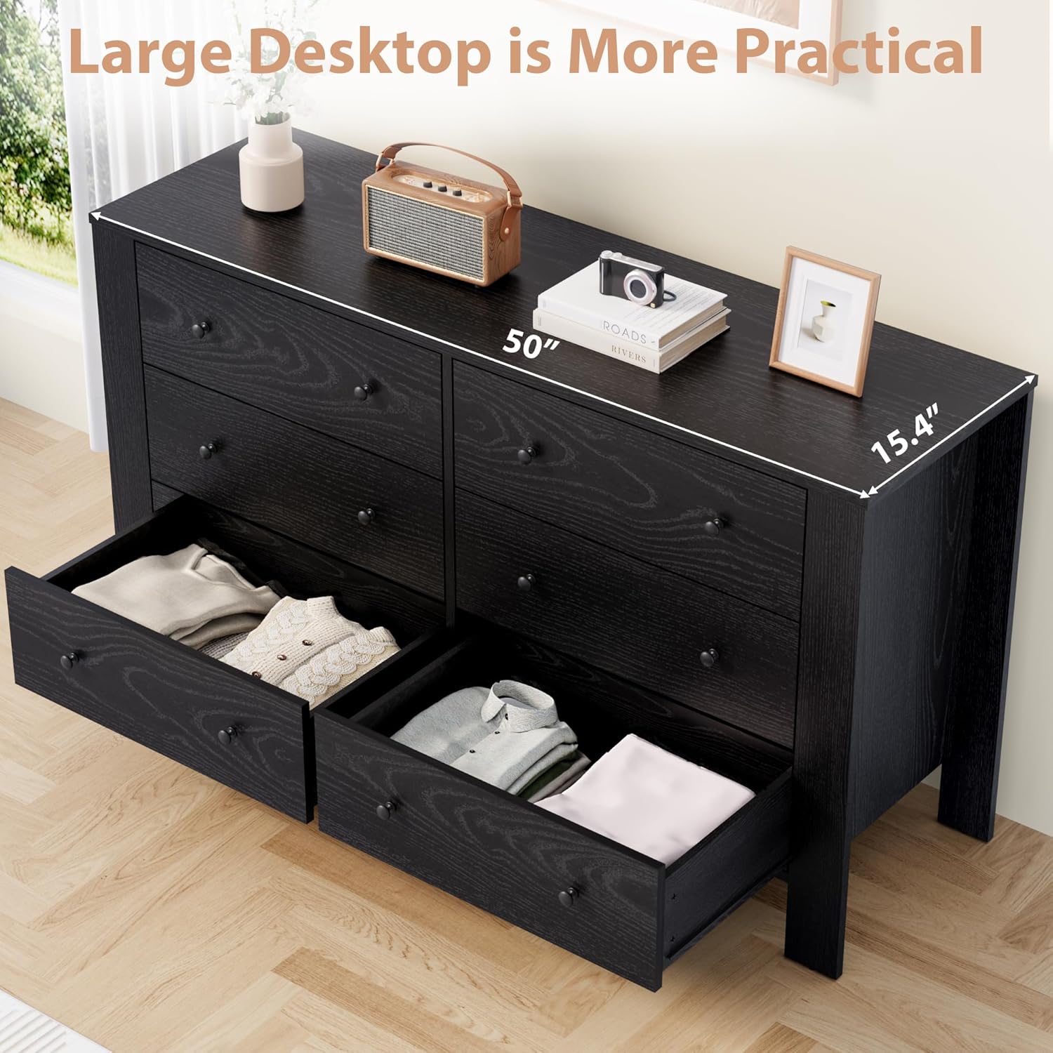 Qeetex Black Dresser for Bedroom Large 6 Drawer Dresser with Deep ...