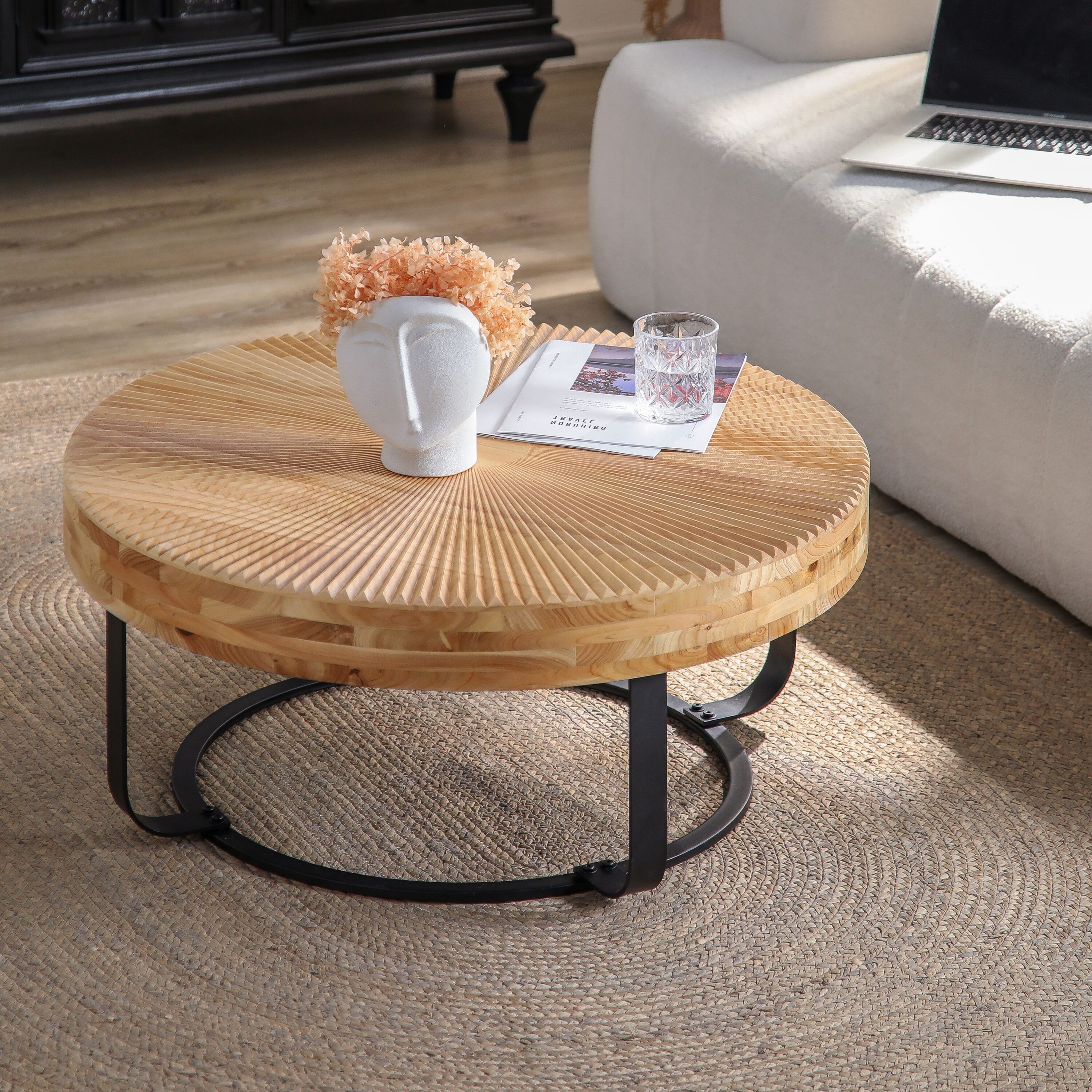 LOVMOR Modern Round Coffee Table Wooden Carving Pattern Coffee Table ...