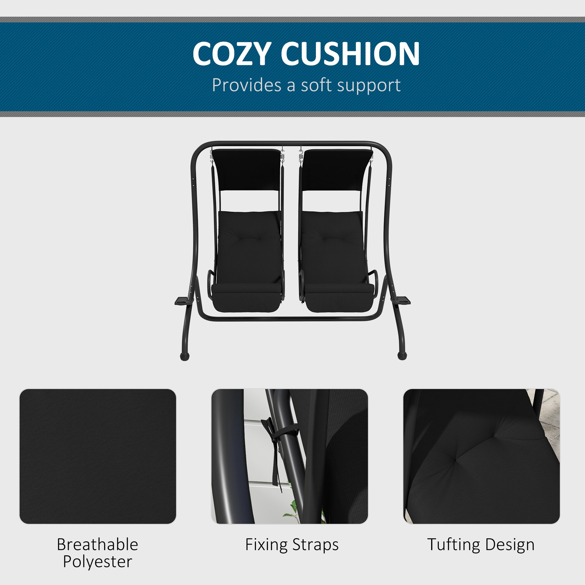 Outsunny Modern 2 Seater Outdoor Patio Swing Chair Porch Seats with Cup ...