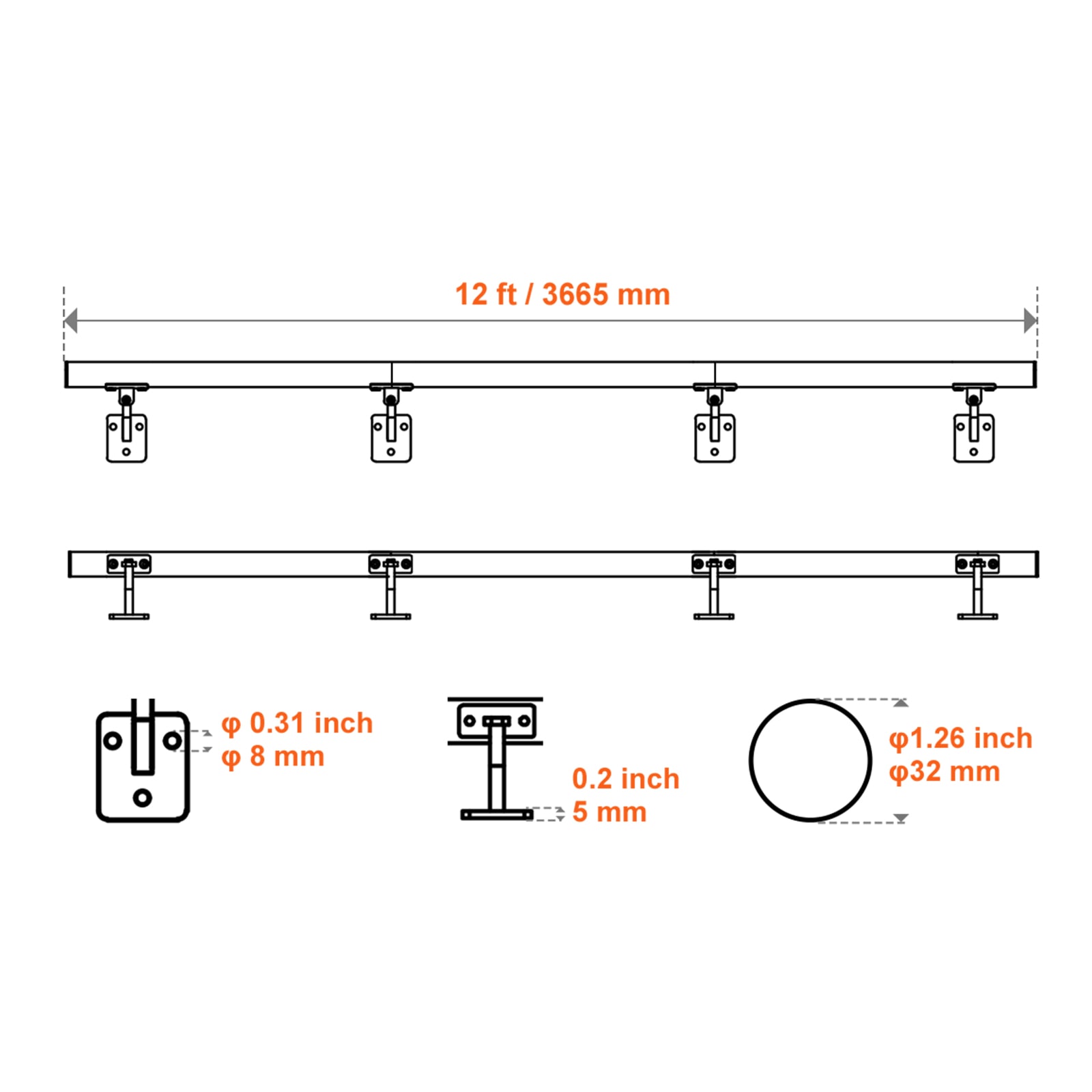 VEVOR Wall Mounted Stair Handrail 12ft Pipe Staircase Handrail Black ...