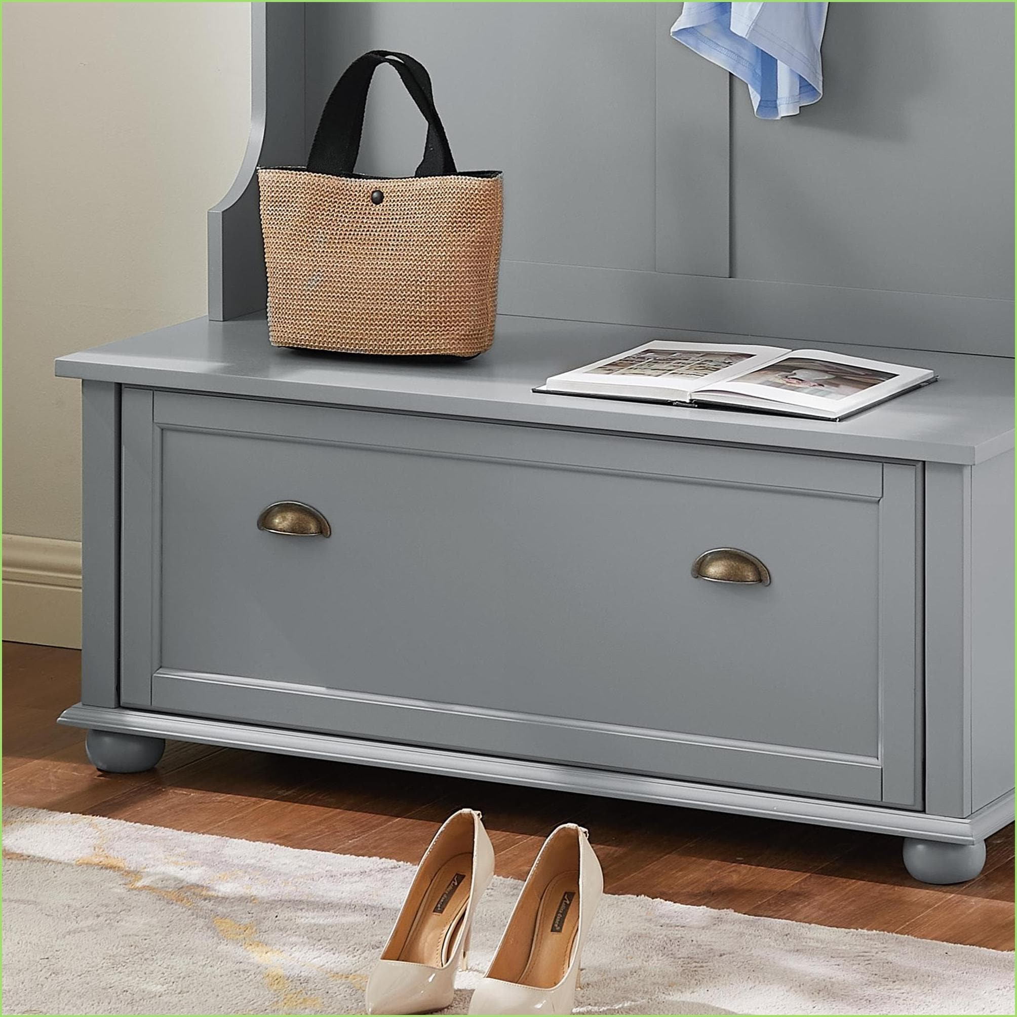 SunJet Hall Tree with Shoe Bench Coat Hooks Open Shelves Modern Gray ...