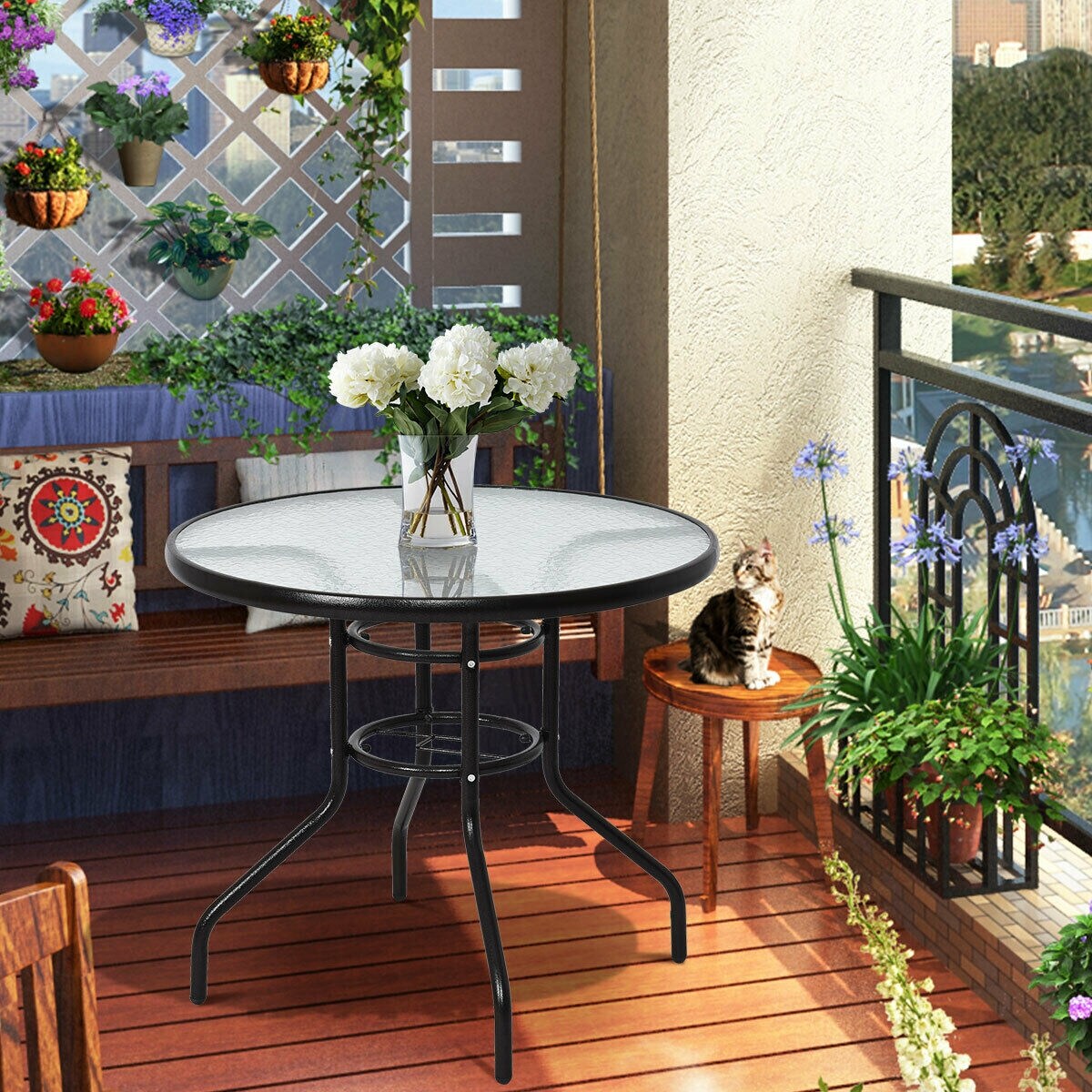 Slickblue Round Accent Table with Water wave glass Tabletop and ...