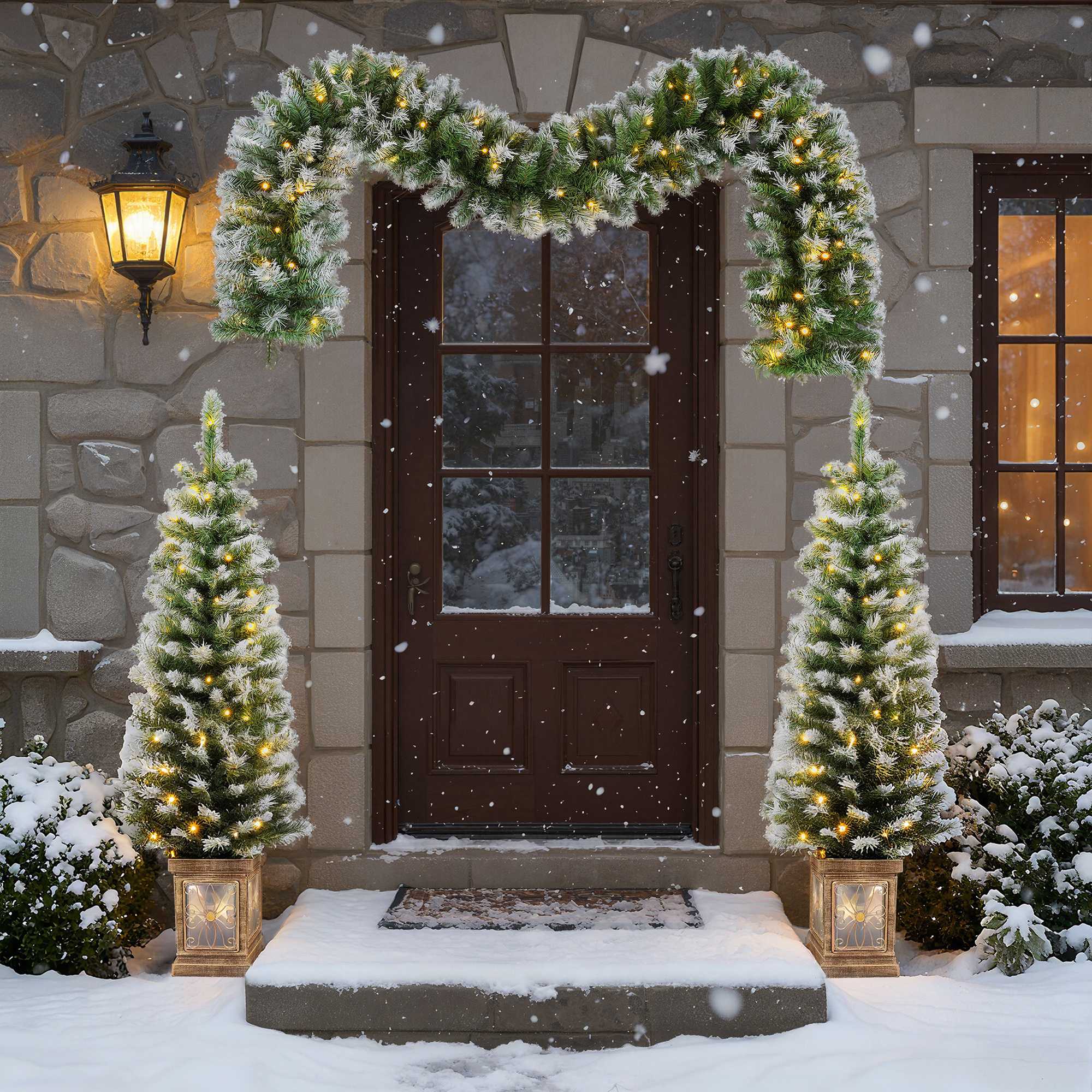 Rbied Artificial Christmas 3 Piece Set Wreath and 2 Entrance Trees with ...