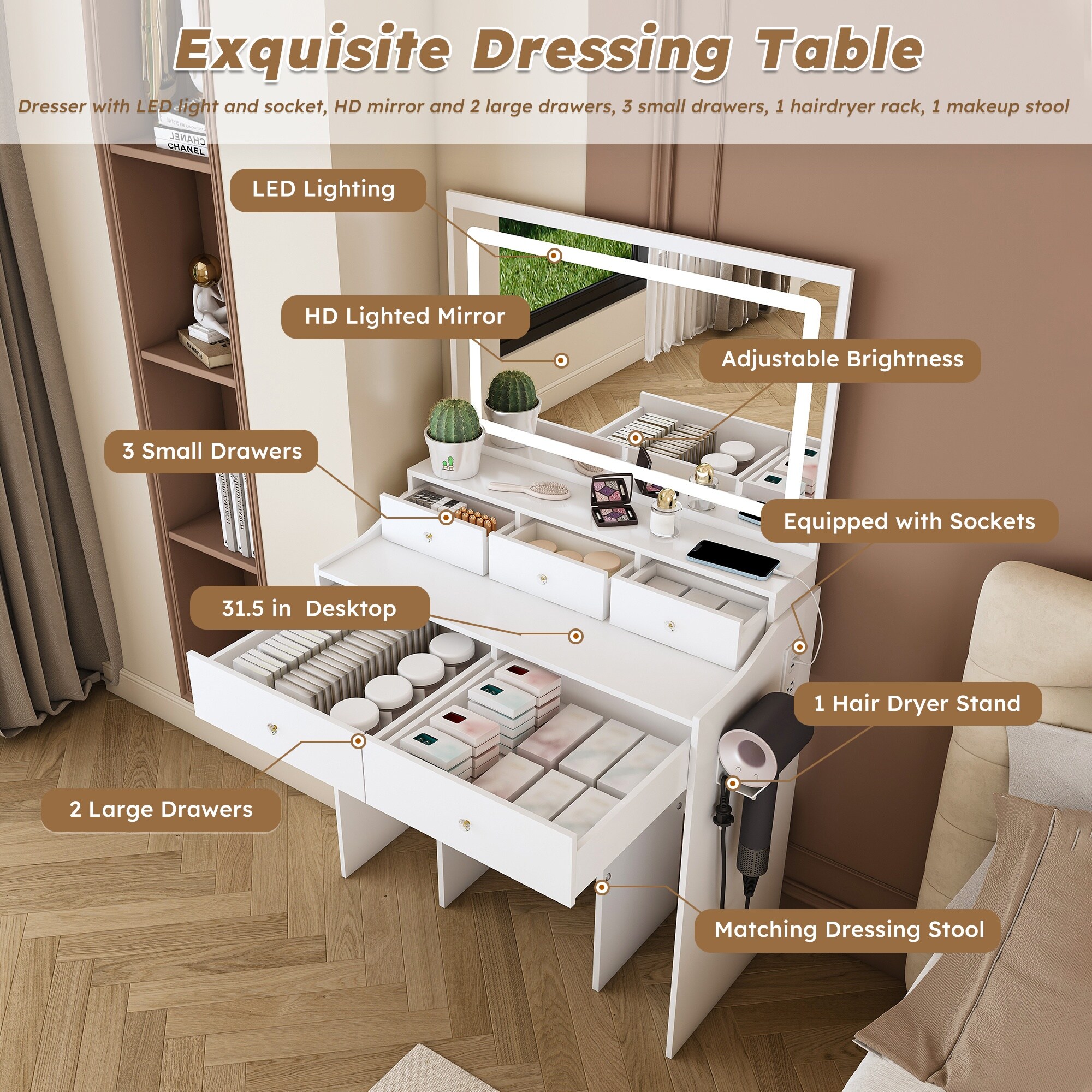 HyperDrop Cart White New Large Mirror Vanity Desk with Power Outlet and ...