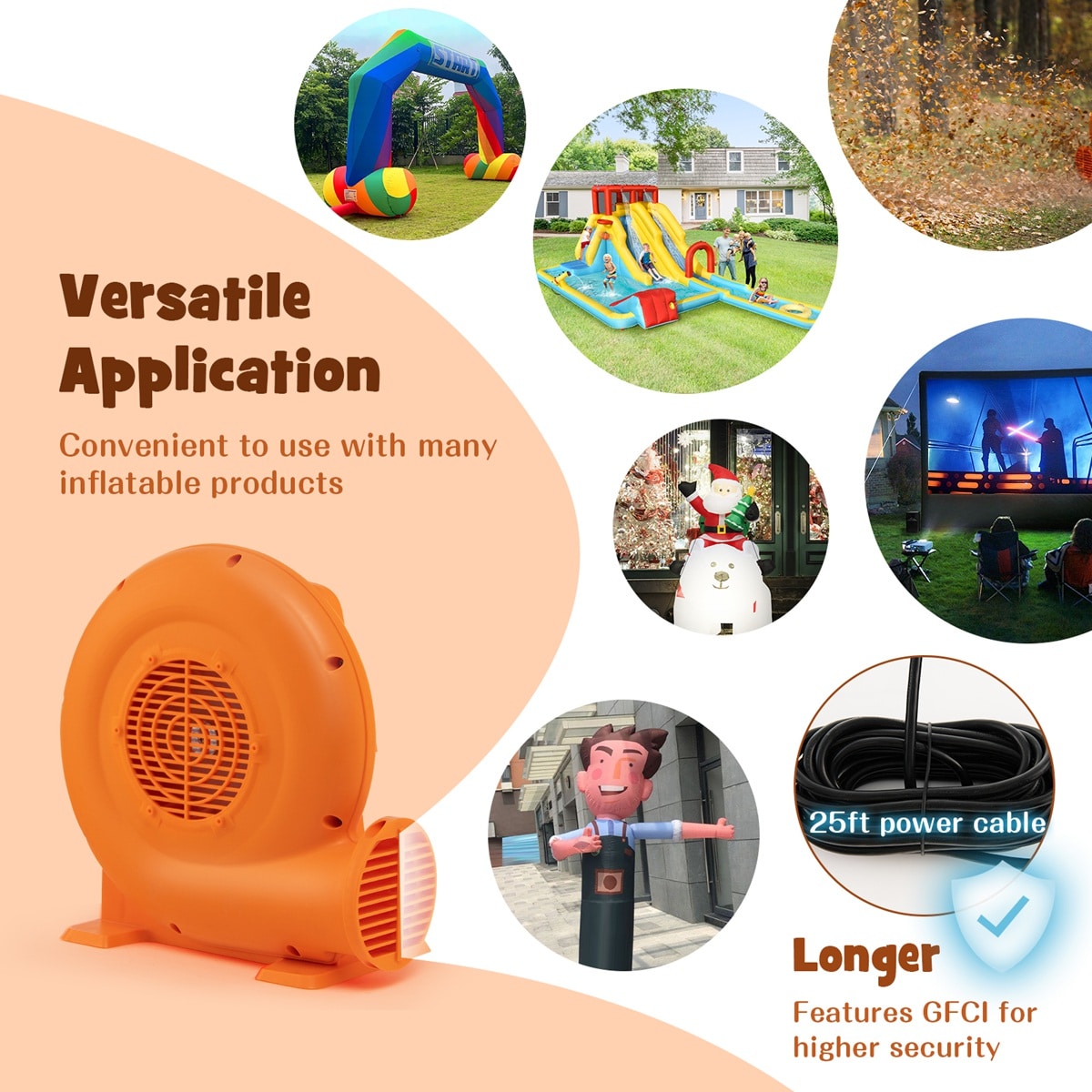 Costway 550W 0.7HP Air Blower for Inflatables w/ 25FT Wire and GFCI ...