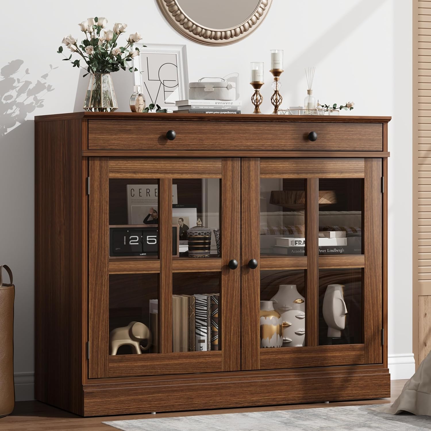 GAOMON 35 inch buffet sideboard cabinet with glass door storage and ...
