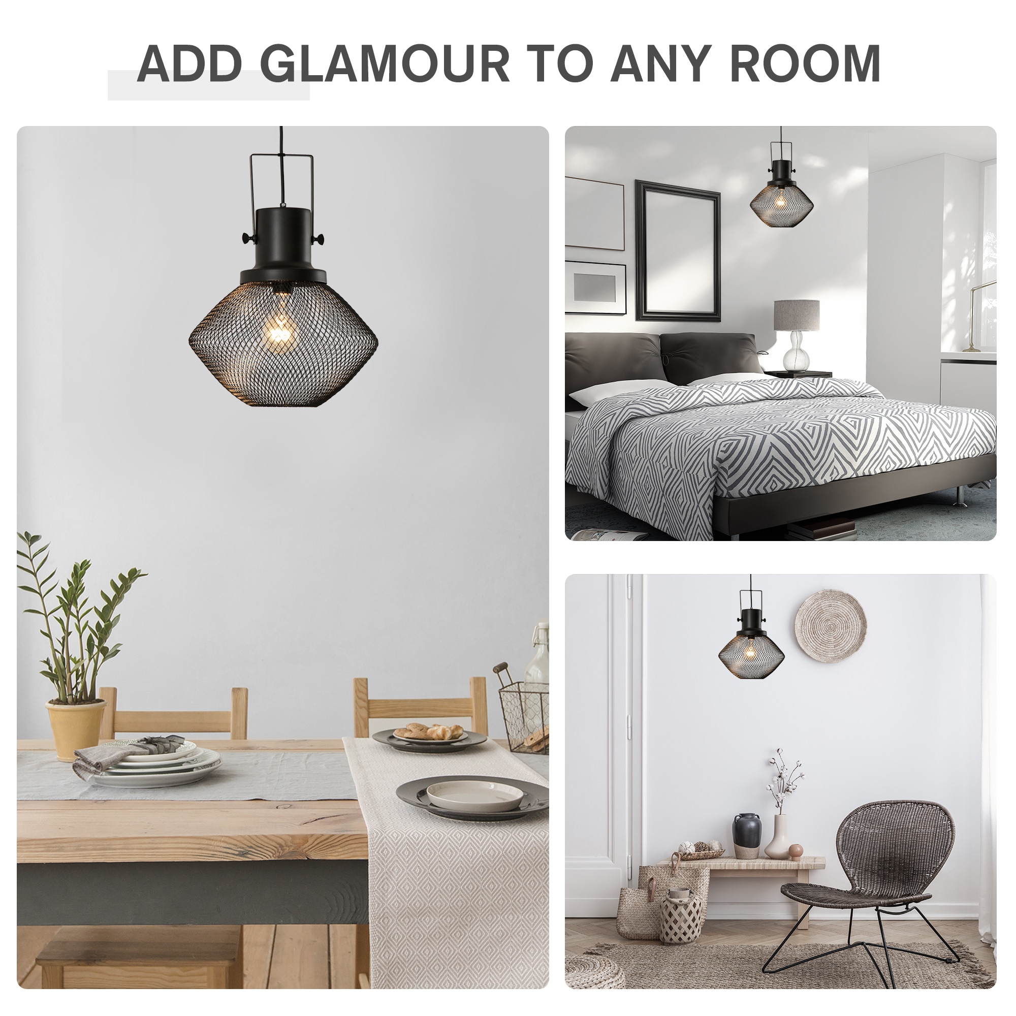 HomCom Industrial Pendant Light Fixtures Black Metal Frame Hanging ...