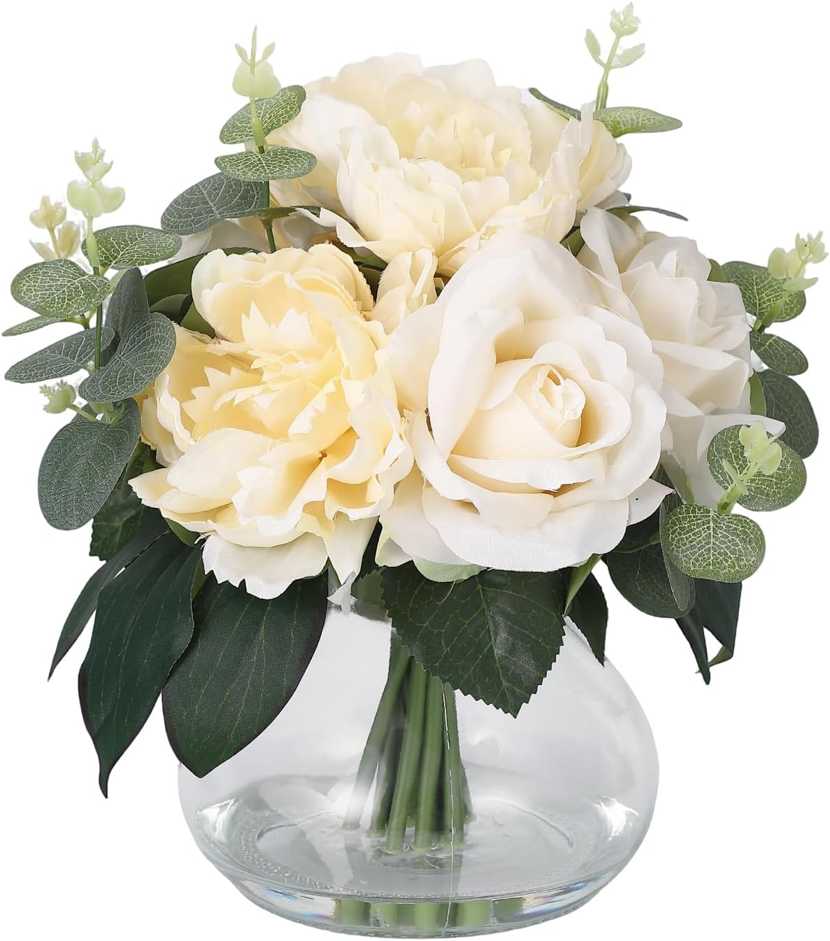 Garvee 4 Roses and 4 Peonies in Glass Vase with Faux Water Lifelike ...