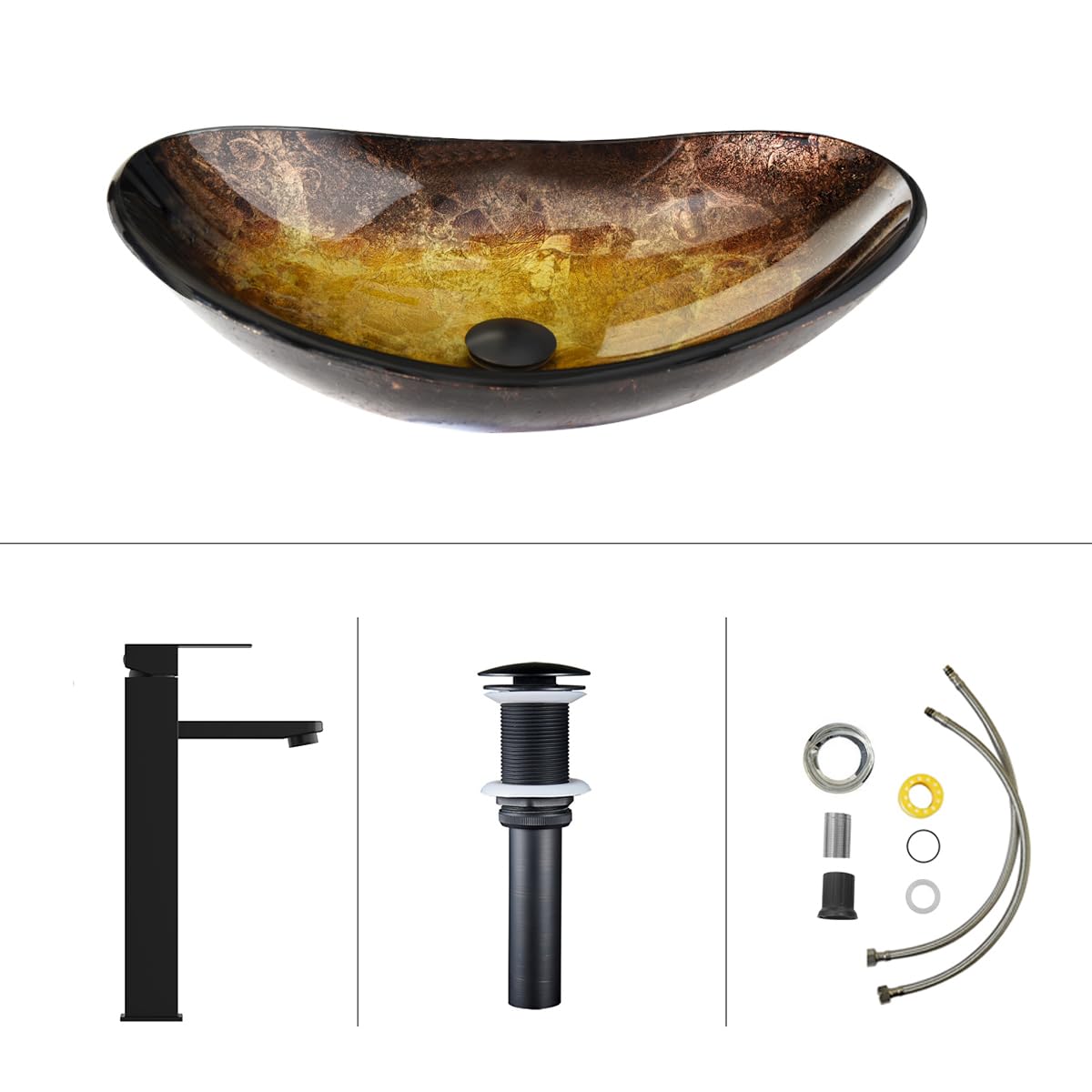 Lovav Gold Boat Shape Tempered Glass Vessel Sink Set With Black Faucet ...