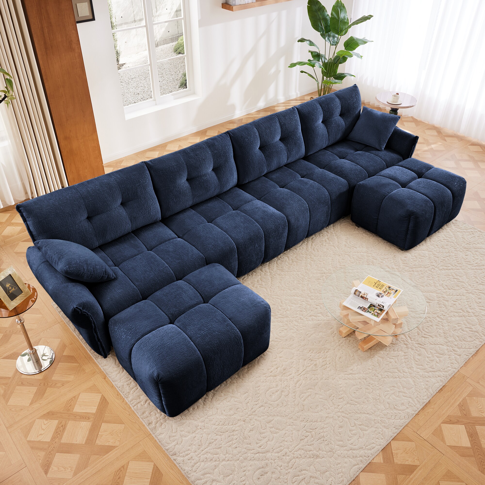 LOVMOR Modular Tufted Ottoman Chenille Blue Footrest for Living Room ...